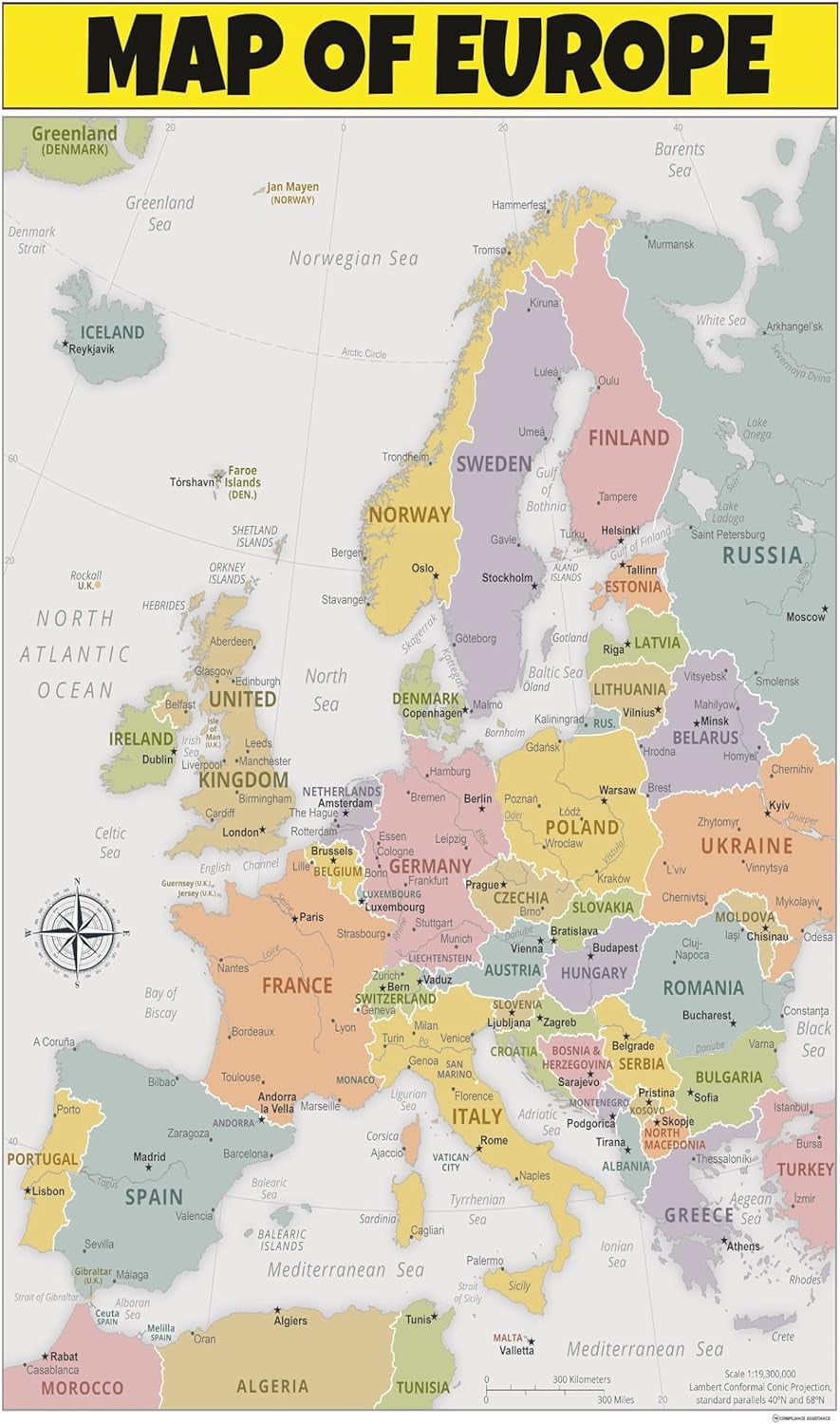 20x30 Map of Europe - Laminated Wall Map Poster Print Perfect for ...