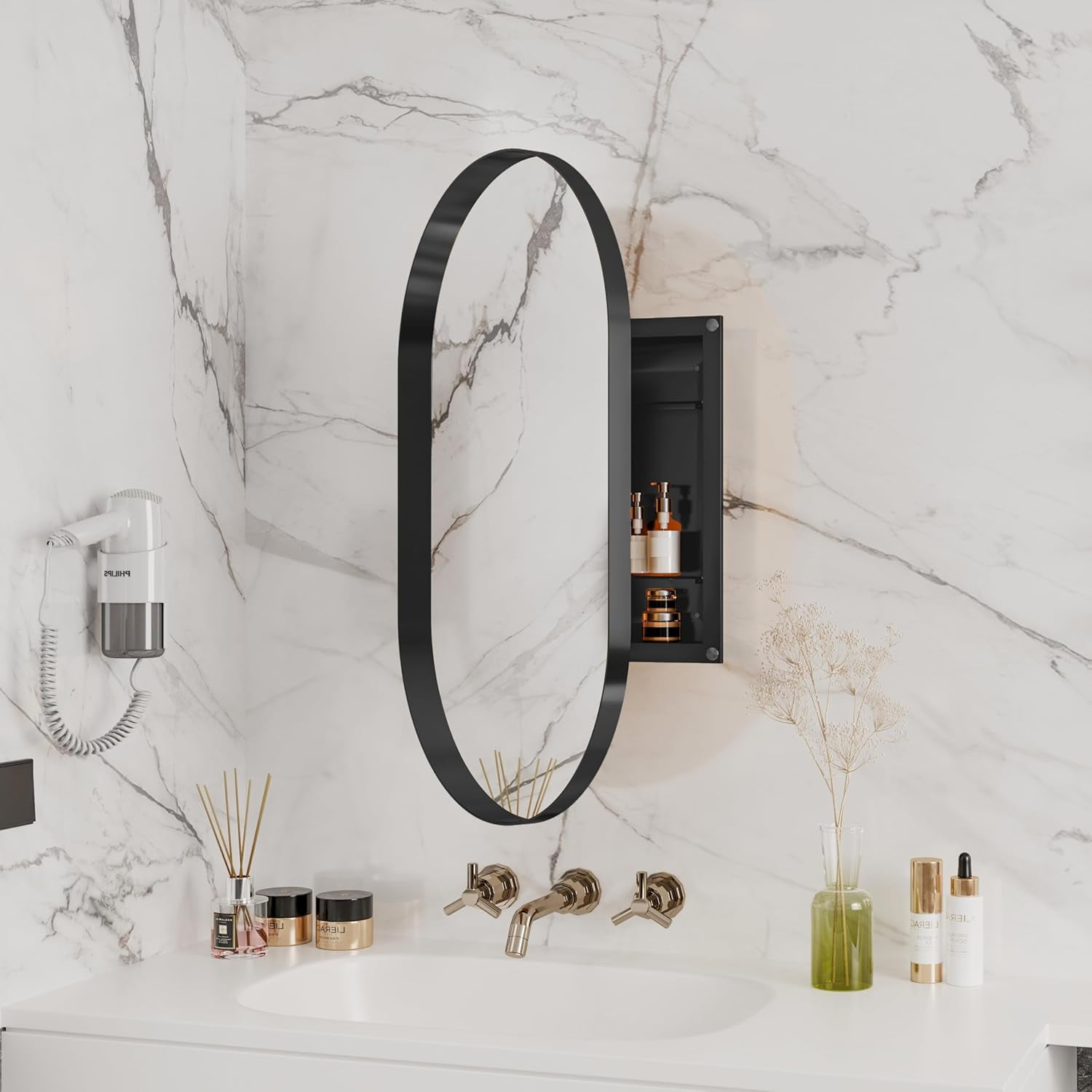 20x34 Inch Oval Recessed Black Metal Framed Medicine Cabinet Bathroom ...
