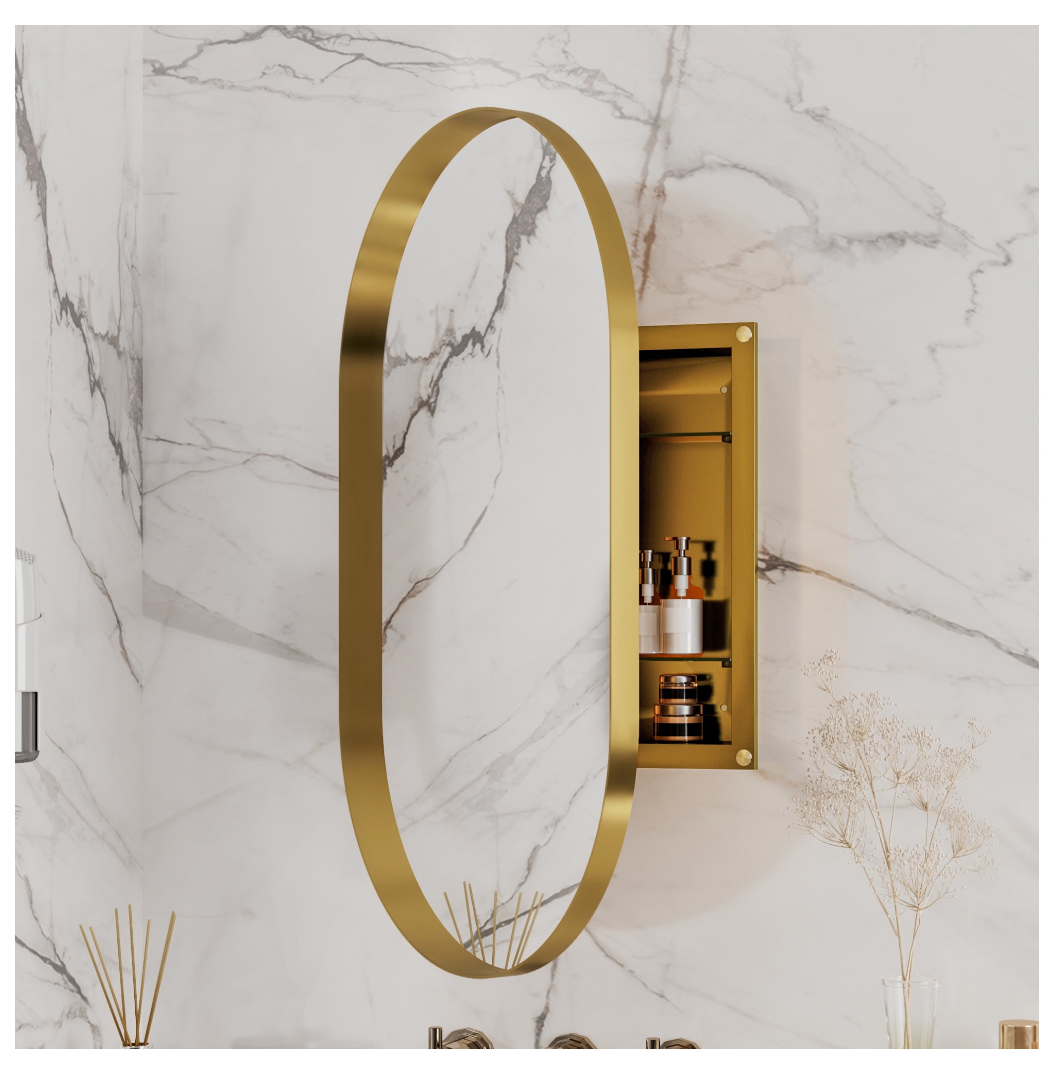 20x34 Inch Oval Recessed Medicine Cabinet, Metal Framed Bathroom Wall ...