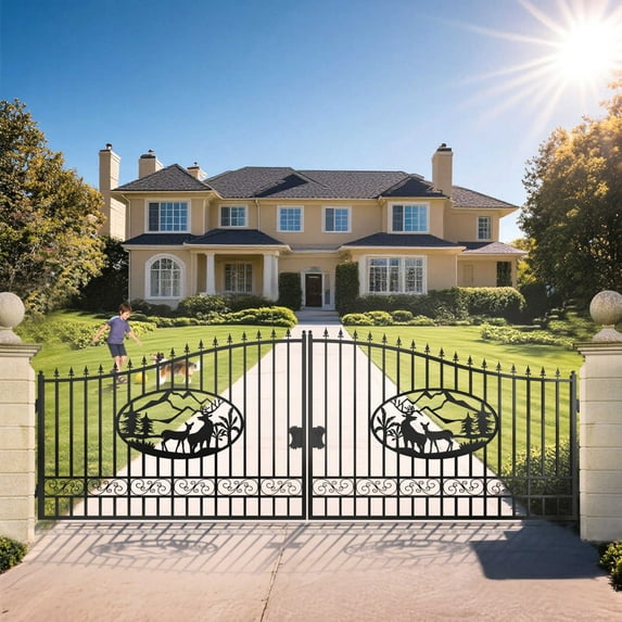 20x8 ft Steel Dual Swing Driveway Gate with Deer Pattern Foad Padded ...