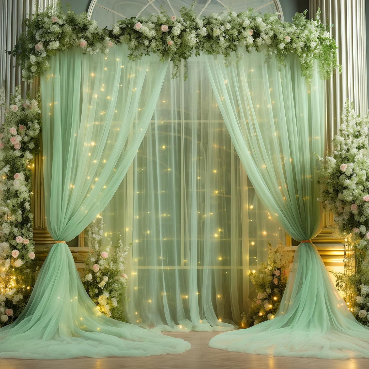 20x8ft Olive Green Tulle Backdrop Curtain with Lights String for ...