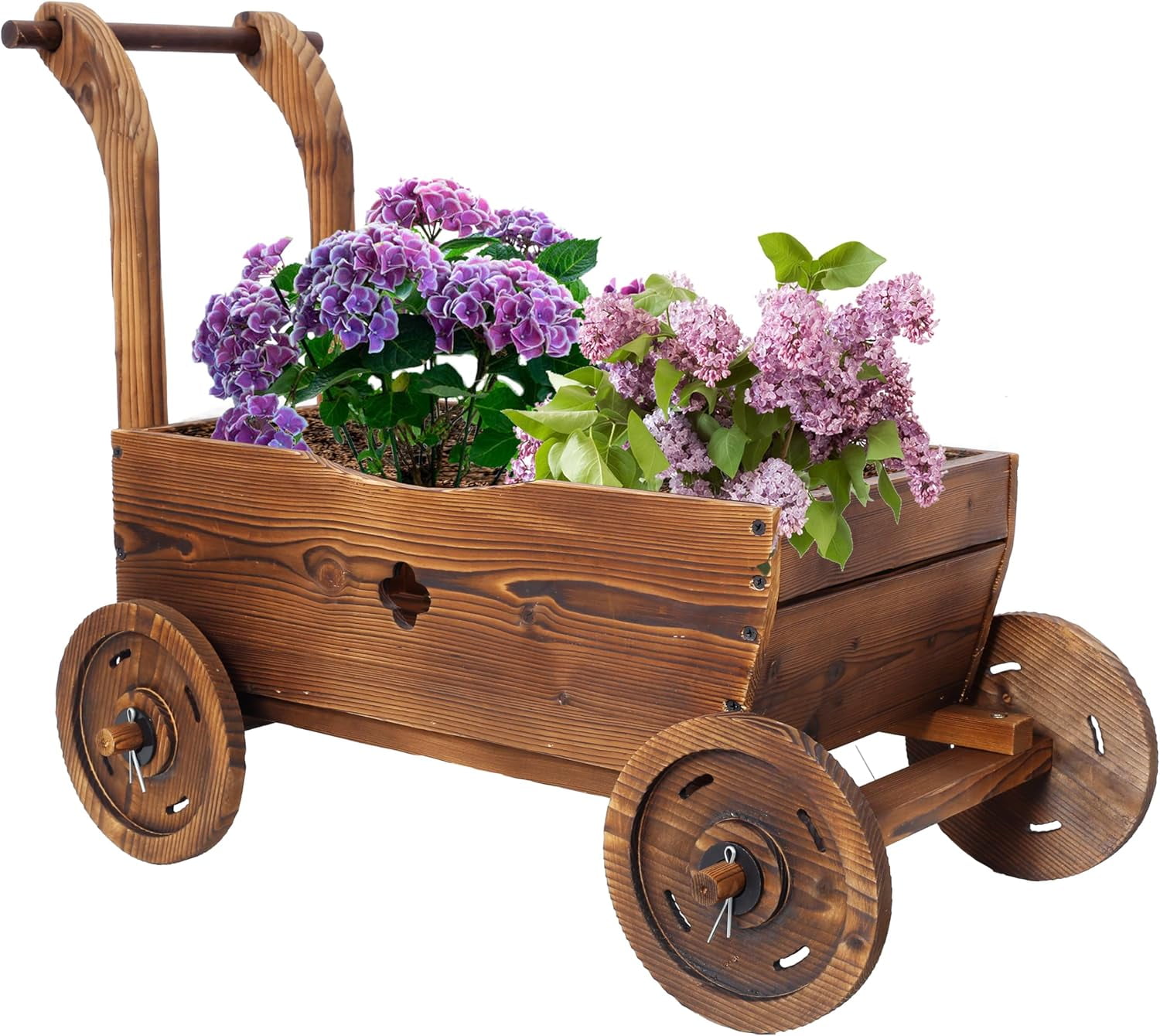 21.2" Tall Rustic Wooden Wagon Flower Planter Pot with 4 Wheels ...