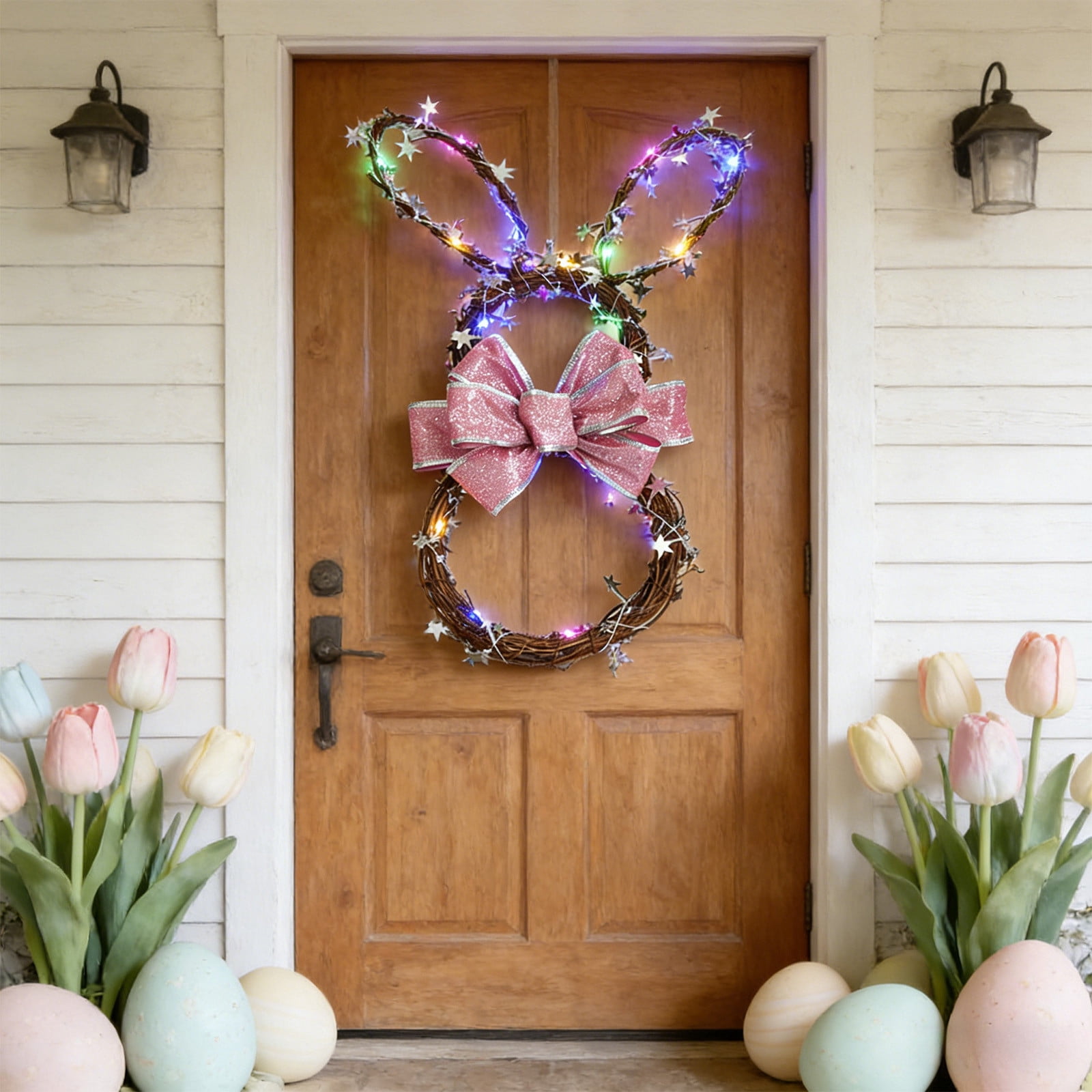 21.2in Easter Bunny Shaped Wreath with Lights, 54x25cm String Lights ...
