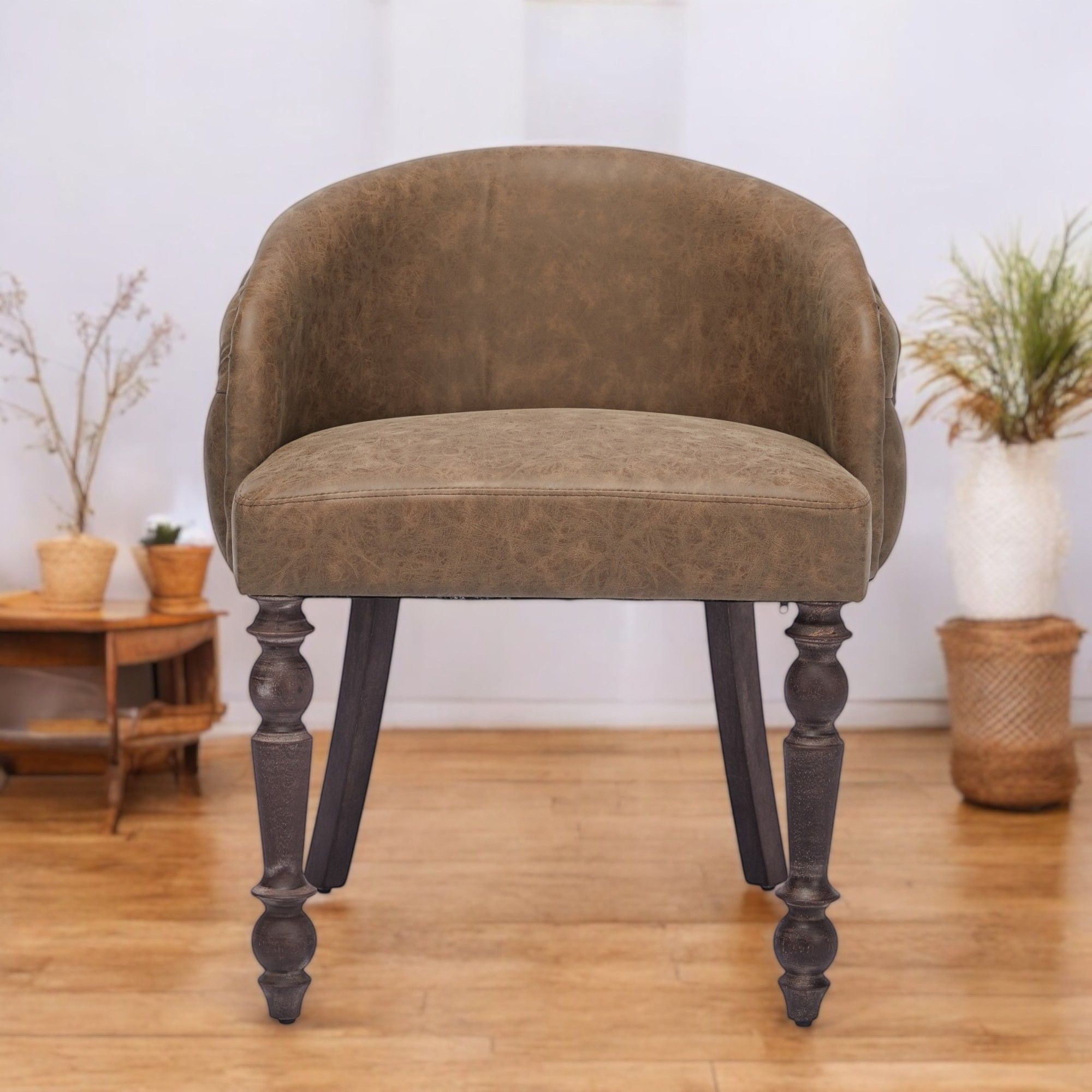21.30 inch Faux Leather Barrel-Back Accent Chair with Tufted Backrest ...