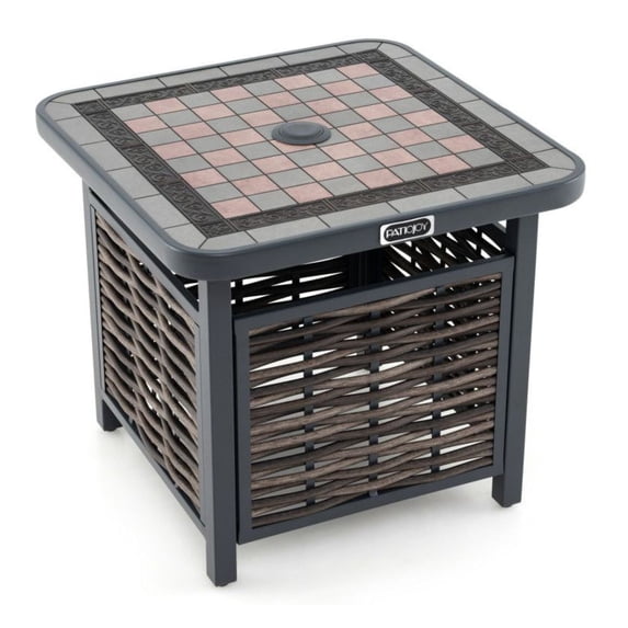 21.5" PE Rattan Side Table with Umbrella Hole, Outdoor End Table Square ...