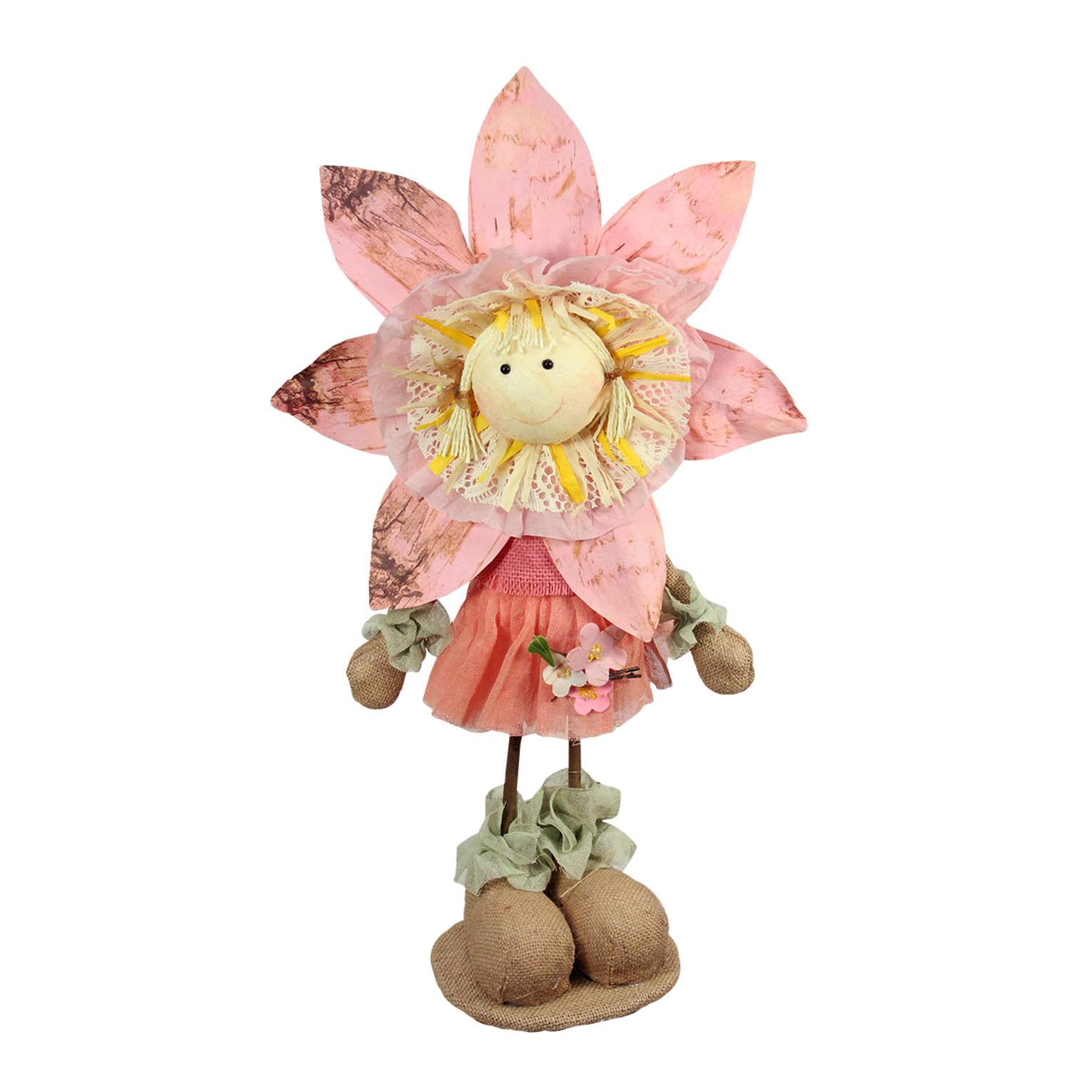 21.5" Pink Tan and Light Green Spring Floral Standing Sunflower Girl ...