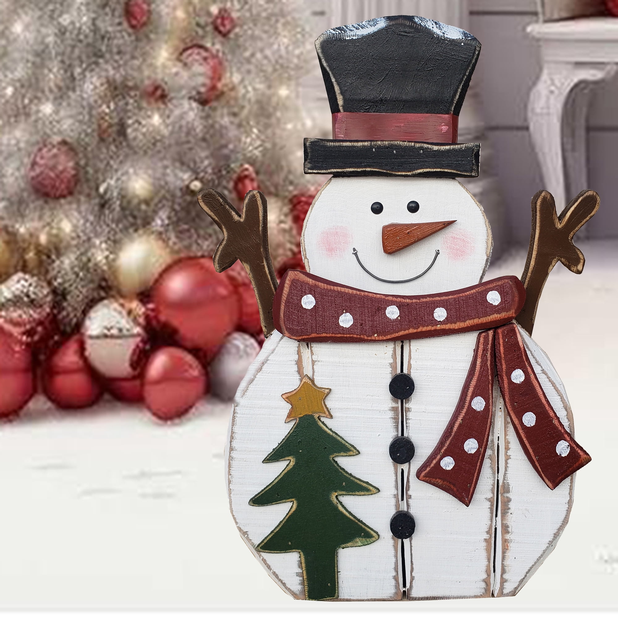 21.5in Wooden Snowman with Tree Christmas Decor Indoor Outdoor Use ...