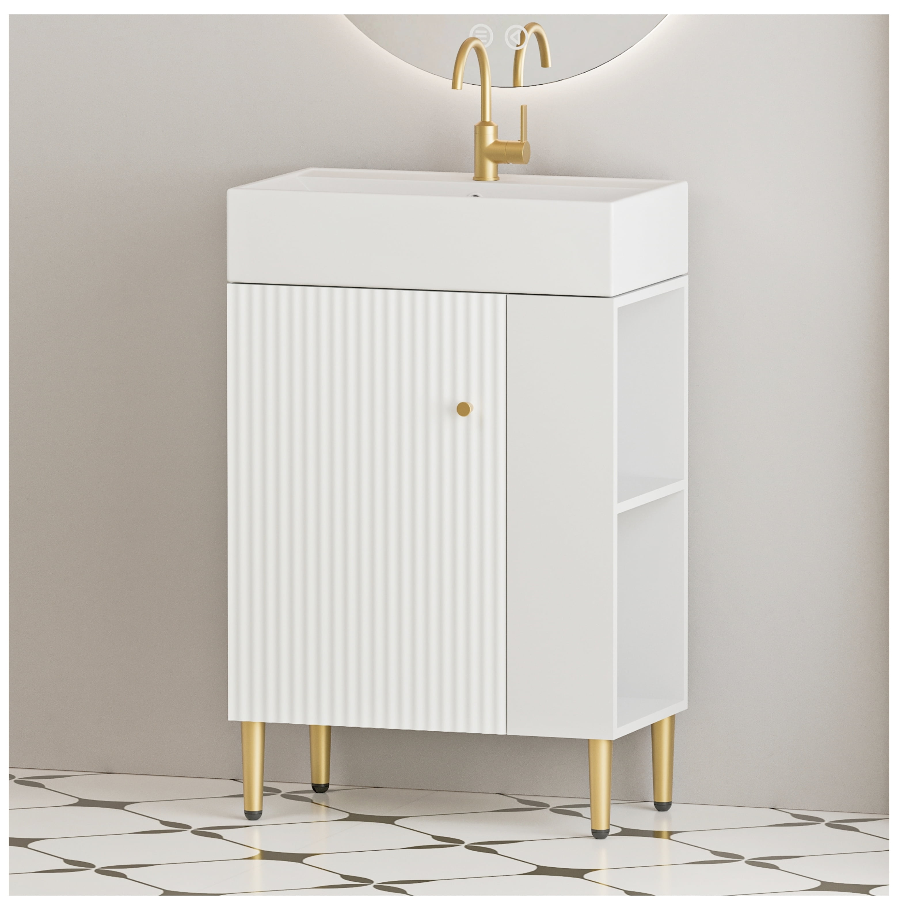 21.6" Bathroom Vanity with Sink, White Open Shelf Storage Cabinet, Soft ...