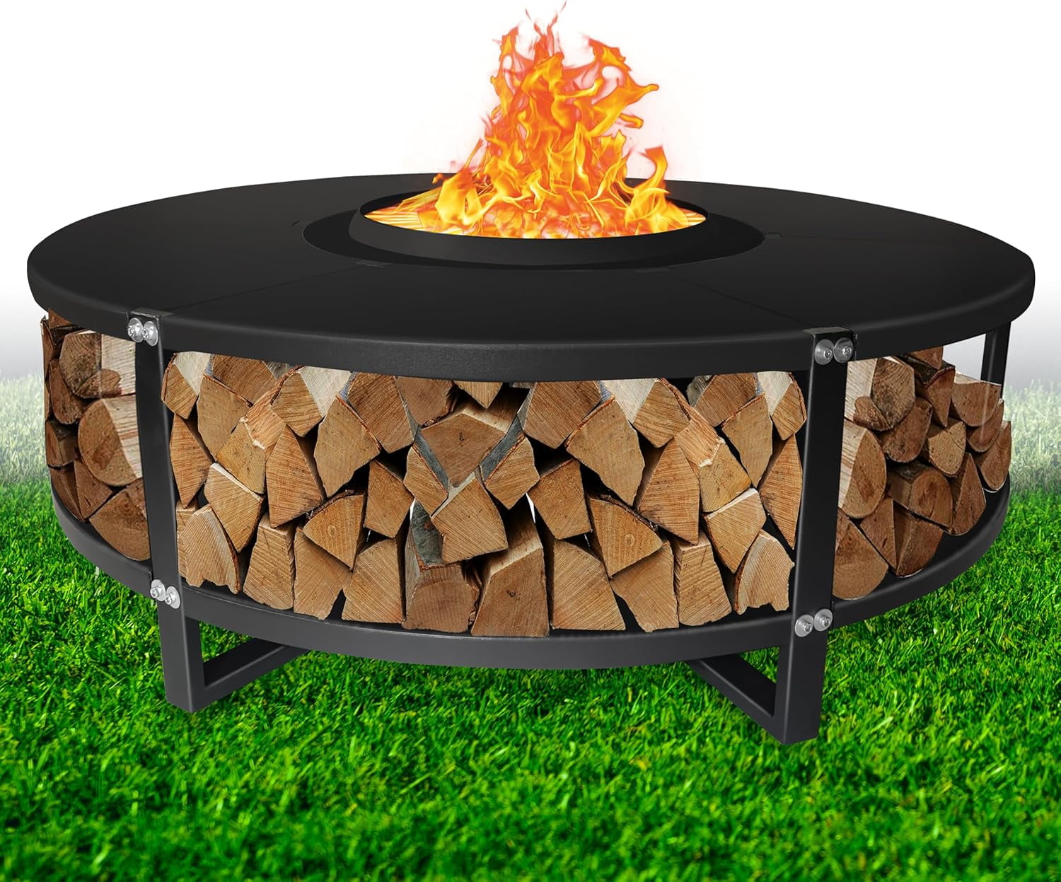 21.6" Smokeless Fire Pit with Round Tabletop and Firewood Storage Shelf ...