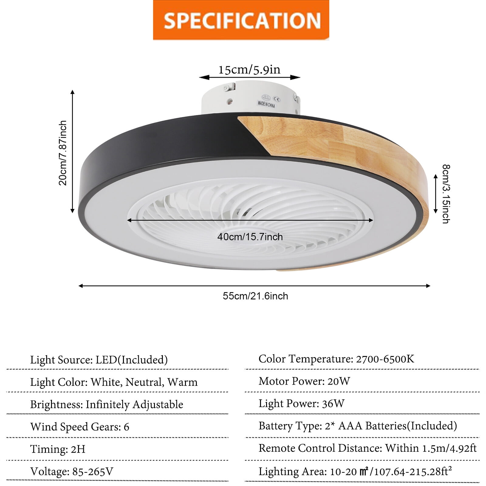 21.6 Inch Ceiling Fans with LED Lights, Round Ceiling Fan Light with ...