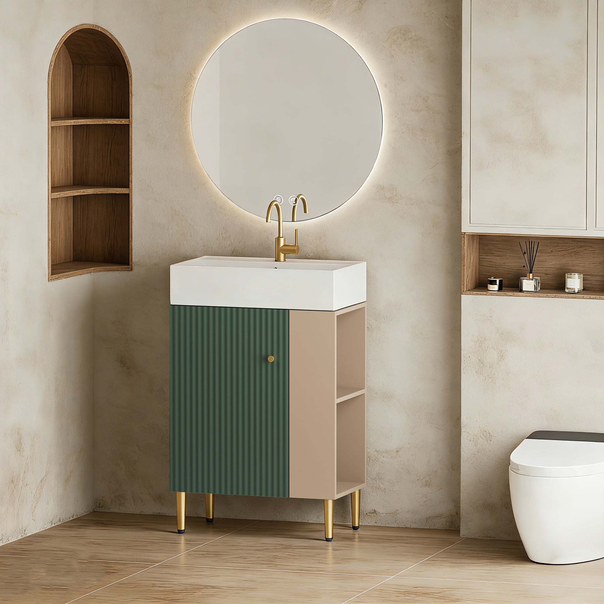 21.6” Open-Shelving Bathroom Vanity with Ceramic Sink - Green - Walmart.com