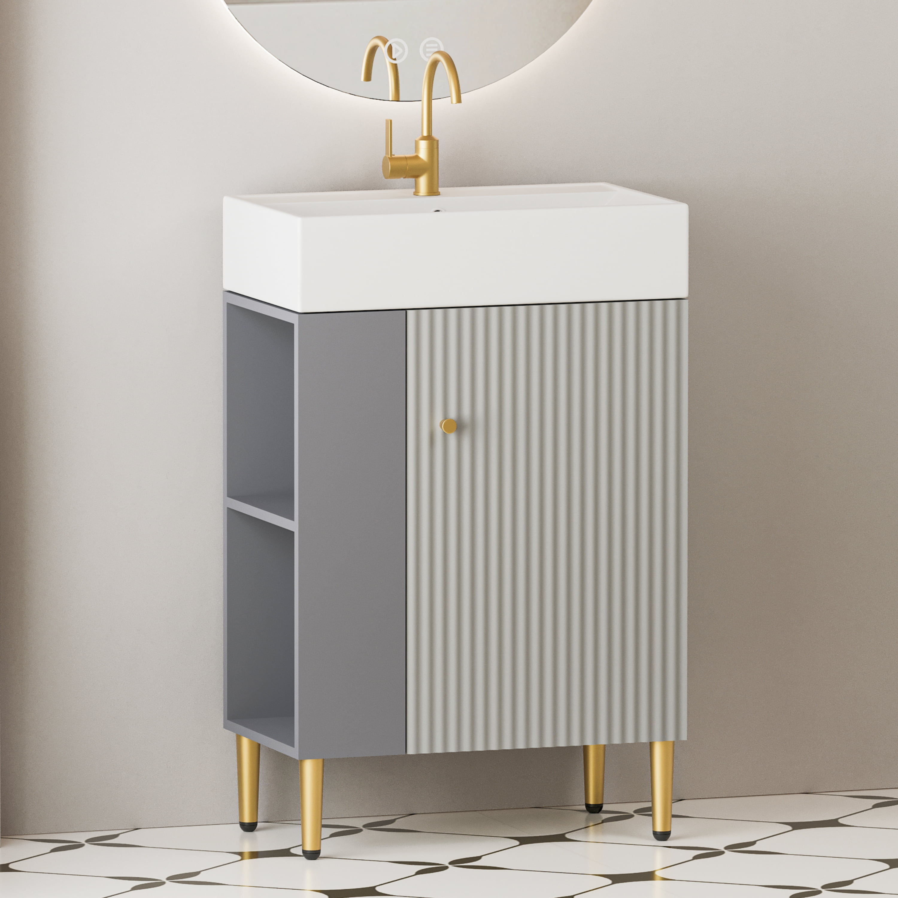 21.6" Open-shelving Bathroom Vanity with Ceramic Sink and Soft-Closing ...