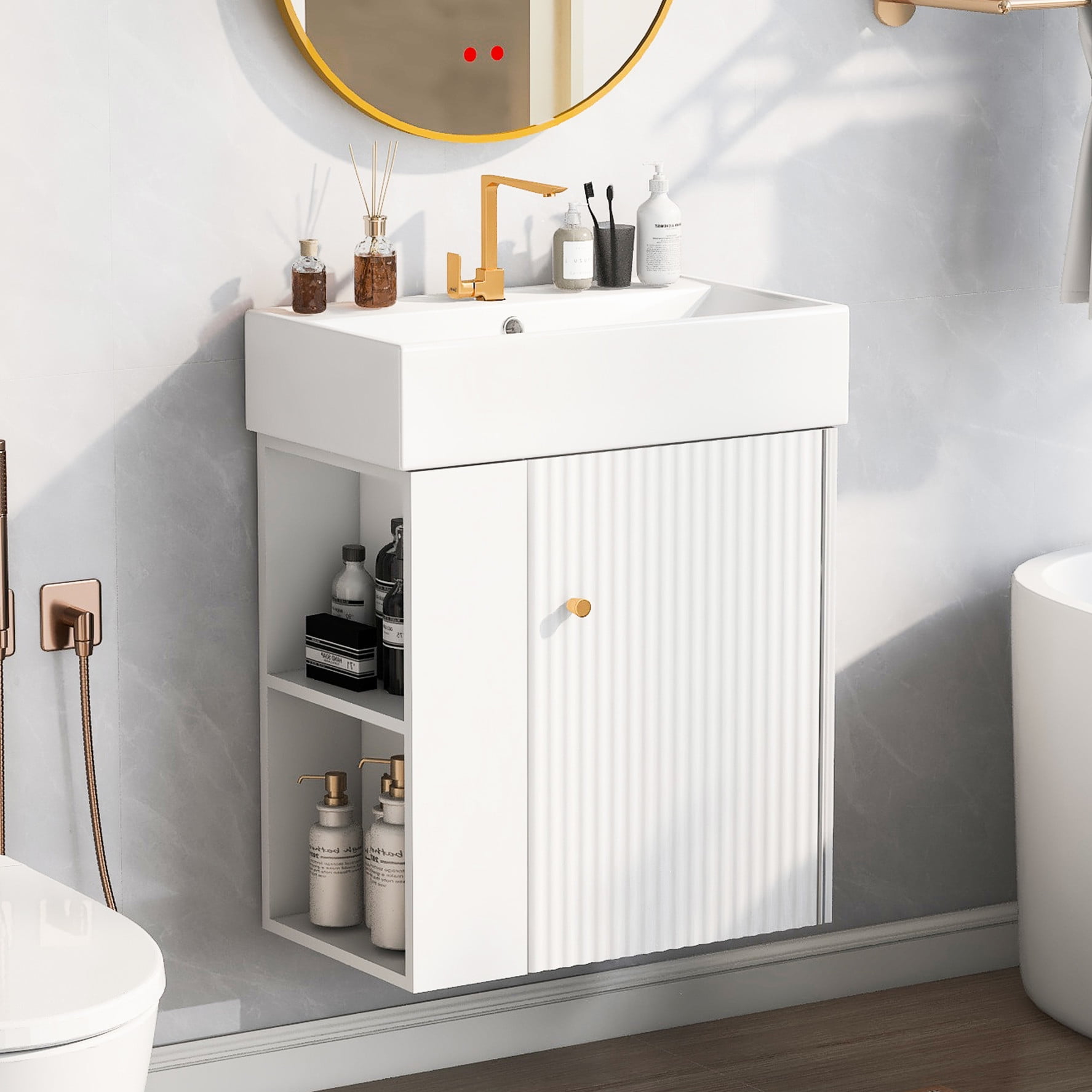 21.6-inch Modern Wave-patterned Door, Rose Gold Handle Bathroom Vanity ...