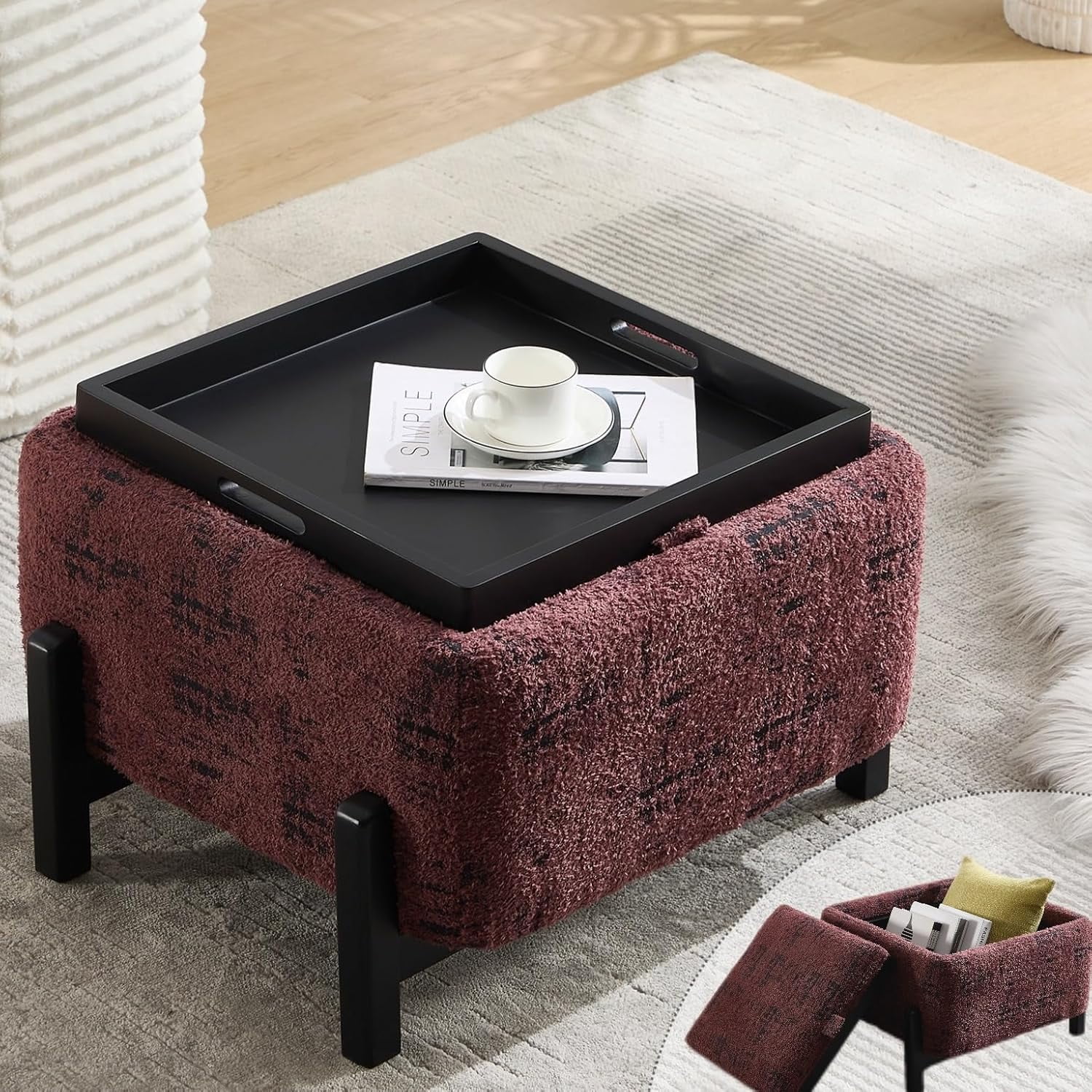 21.65'' Storage Ottoman with Tray, Footstool with Storage Large Load Capacity, Small Foot Rest ...