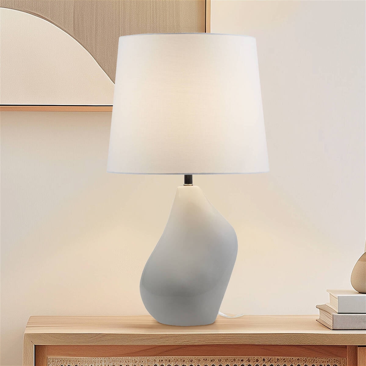 21.75" Grey Ceramic Table Lamp with Linen Shade, Asymmetrical Design ...