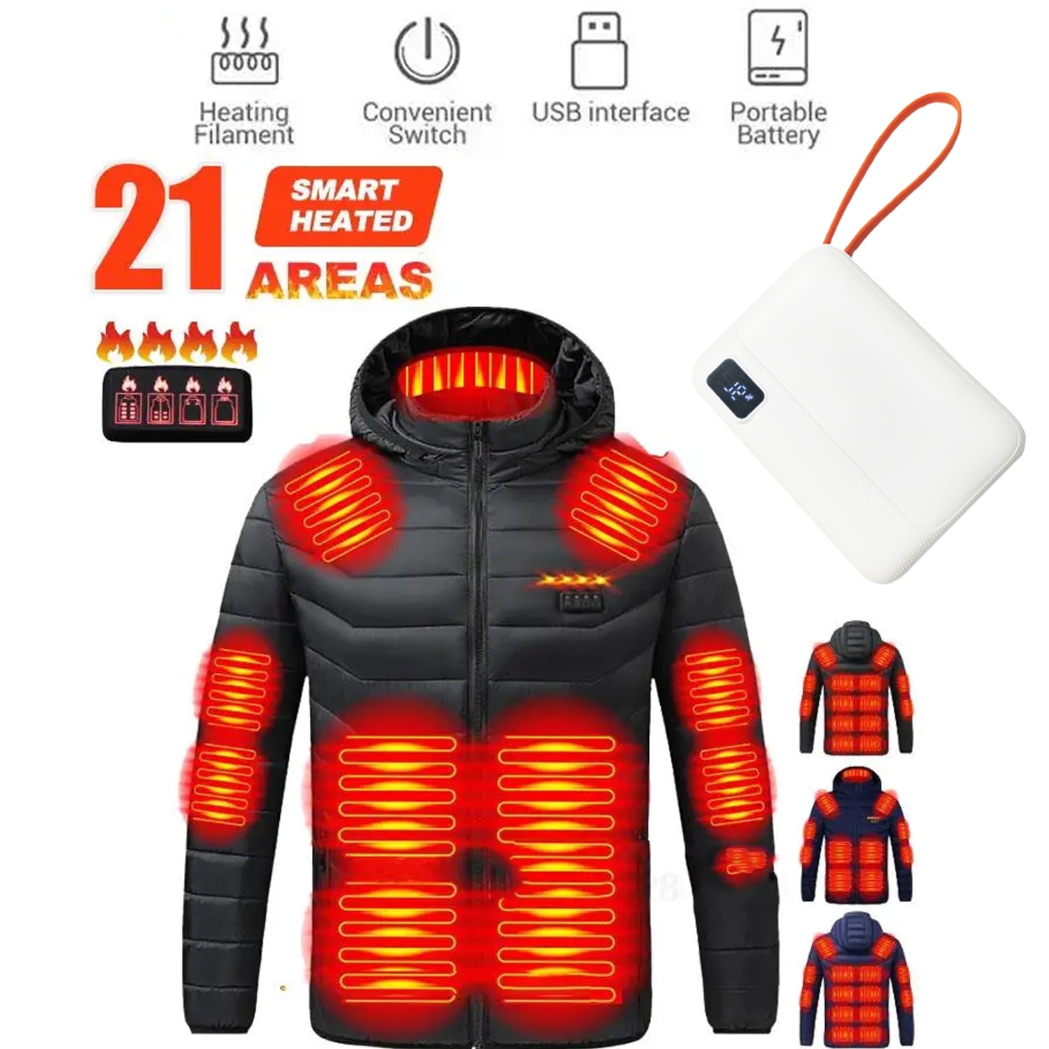 21 Areas Heated USB Electric Winter Outdoor Warm Coat with 10000mAh ...