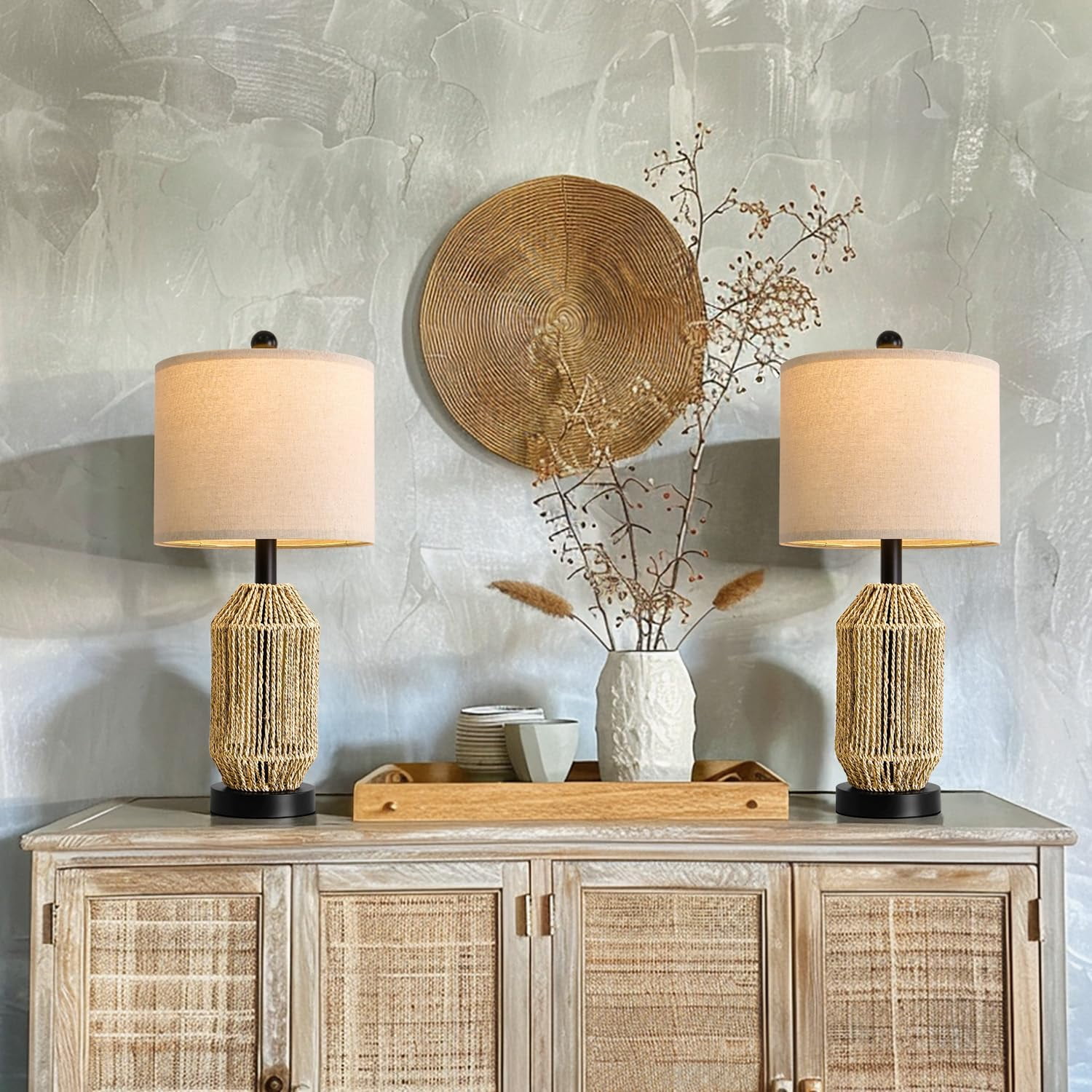 21" Boho Table Lamp for Living Room, Bedside Lamp for Nightstands, Rattan Lamp for Bedroom ...