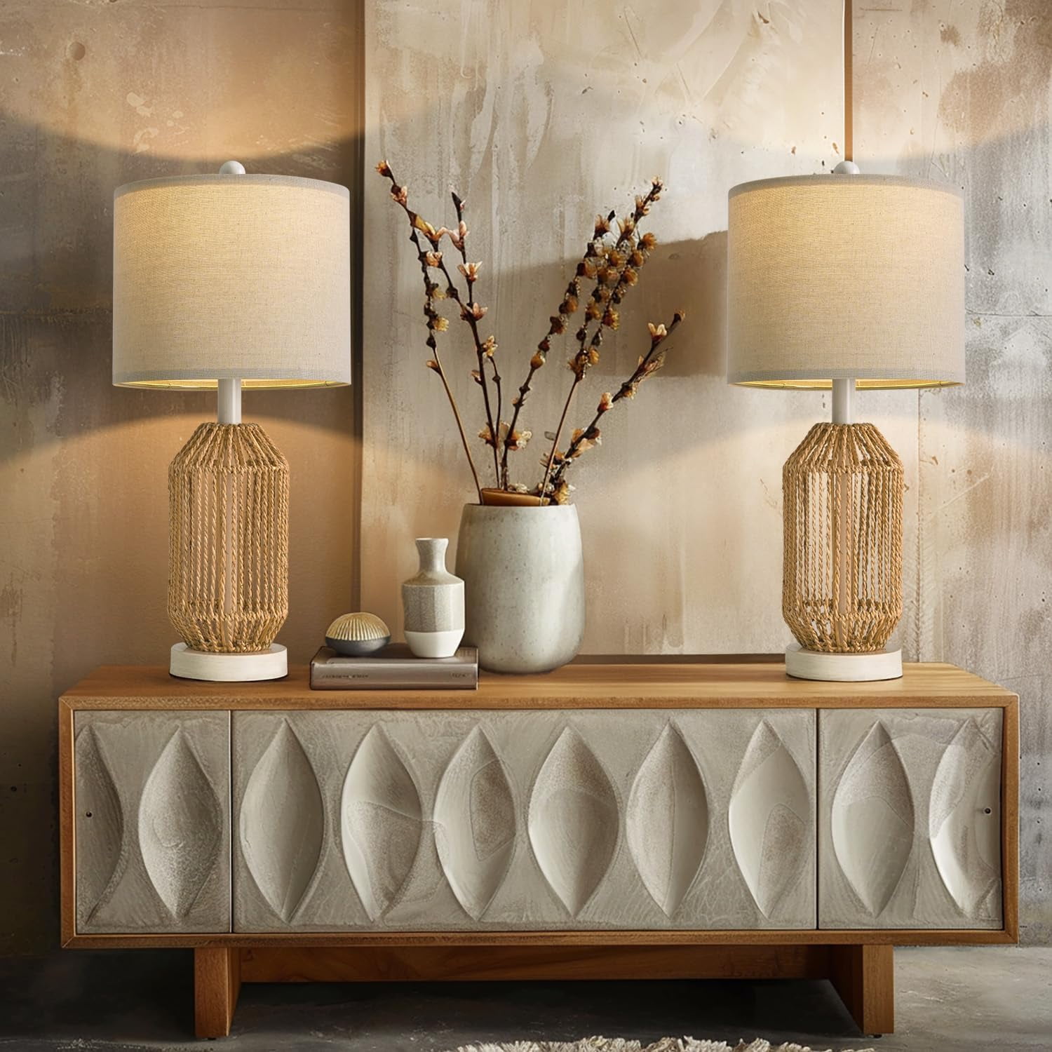 21" Boho Table Lamp for Living Room, Bedside Lamp for Nightstands, Rattan Lamp for Bedroom ...