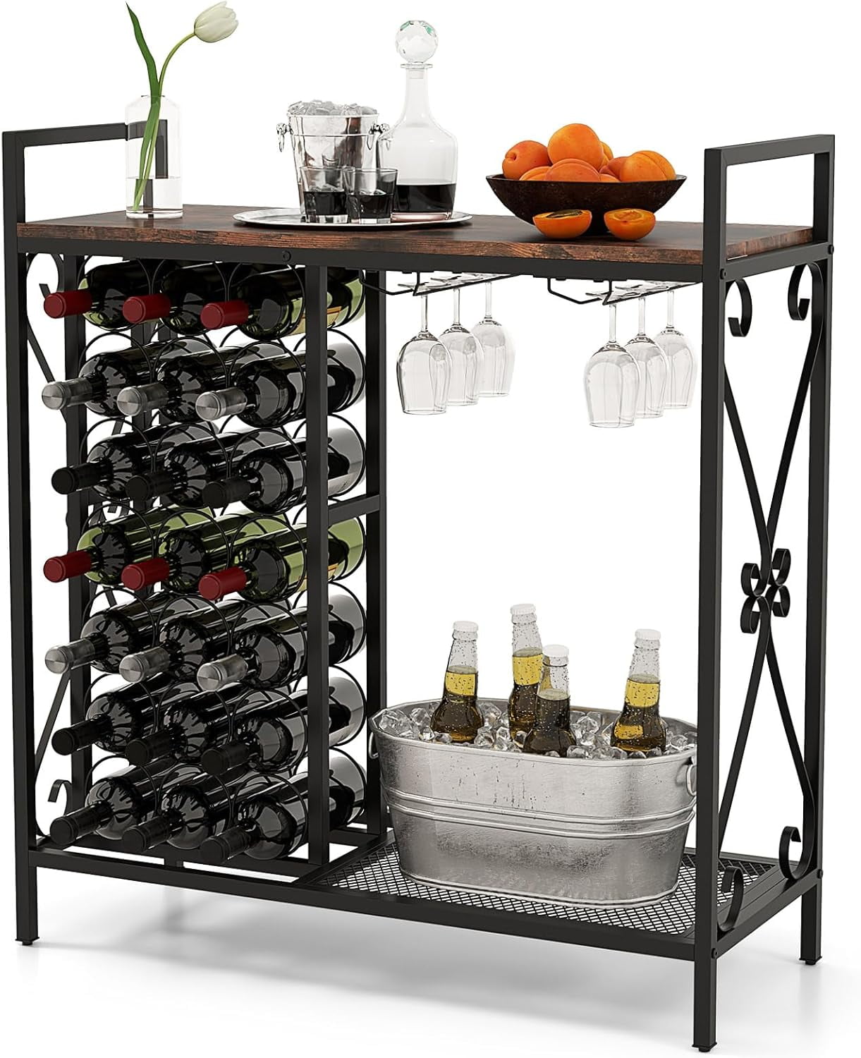 21-Bottle Wine Rack Freestanding Floor, Wine Bar Table with 6-Glass ...