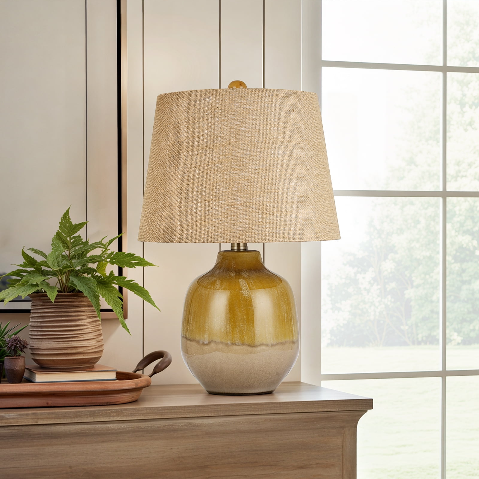21'' Ceramic Table Lamps For Small Spaces, Woven Burlap Shade, E26 ...