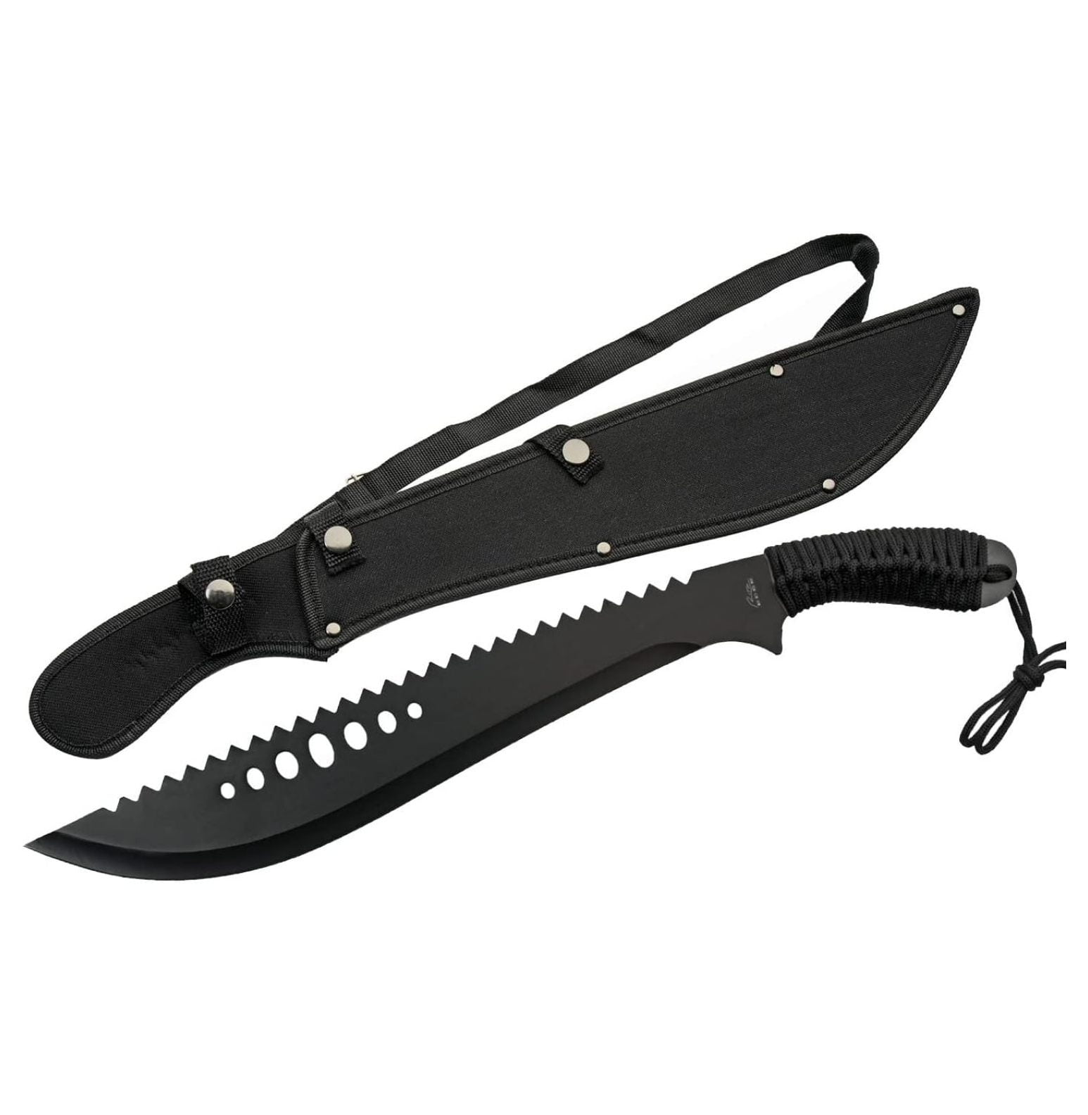 21” Cord-Wrapped Handle Black Finished Curved Sawback Outdoor Machete ...