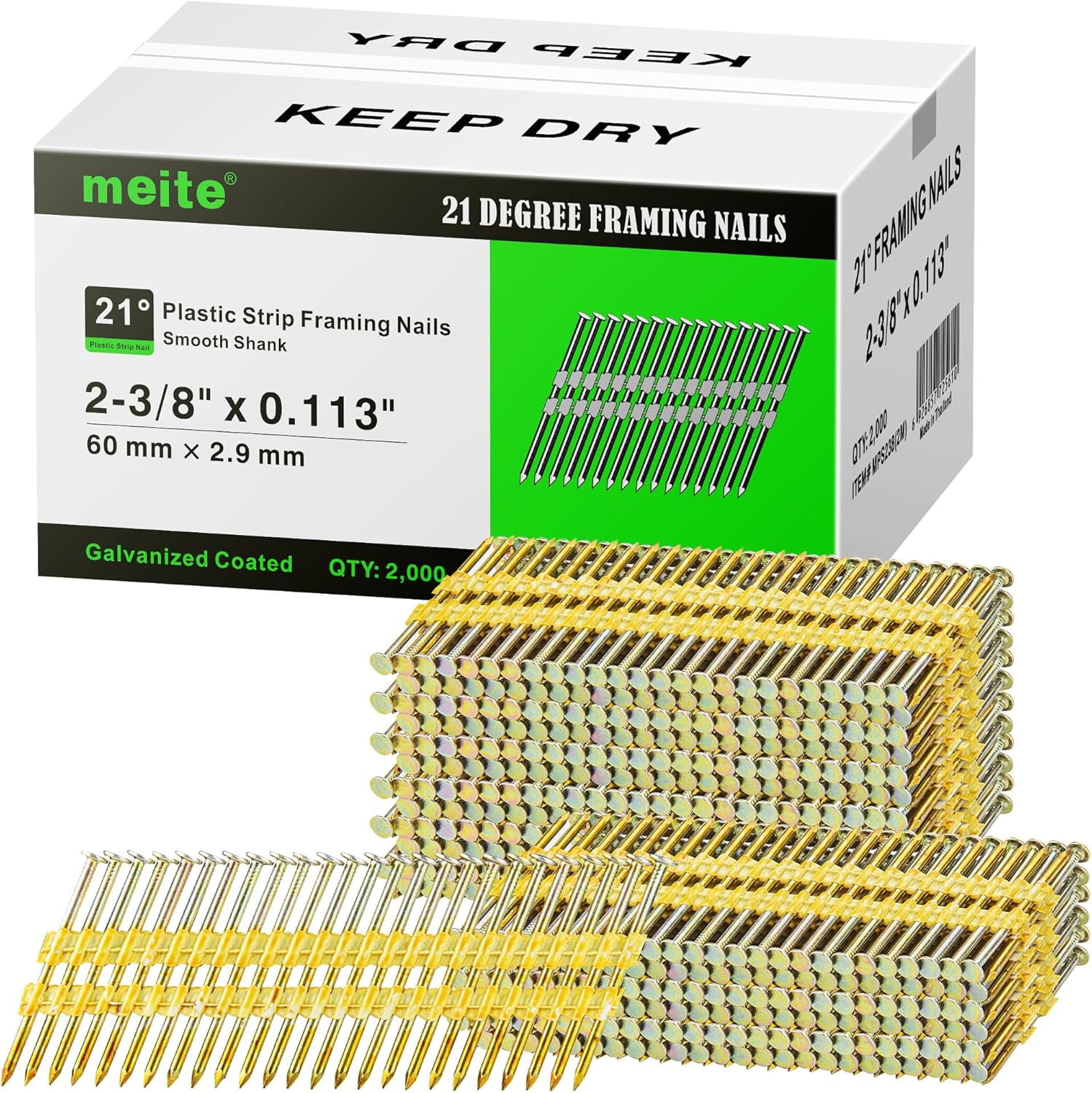 21 Degree Framing Nails 2-3/8 Inch, Full Round Head Galvanized Nails ...