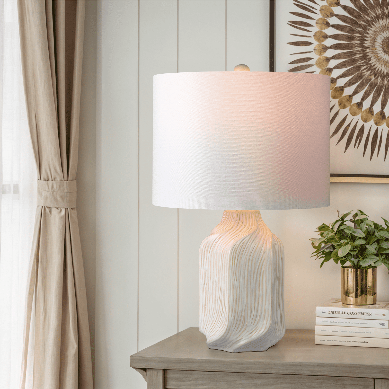 21'' Etched Ceramic Table Lamp With Shade, Gloss White Glaze Contrast ...