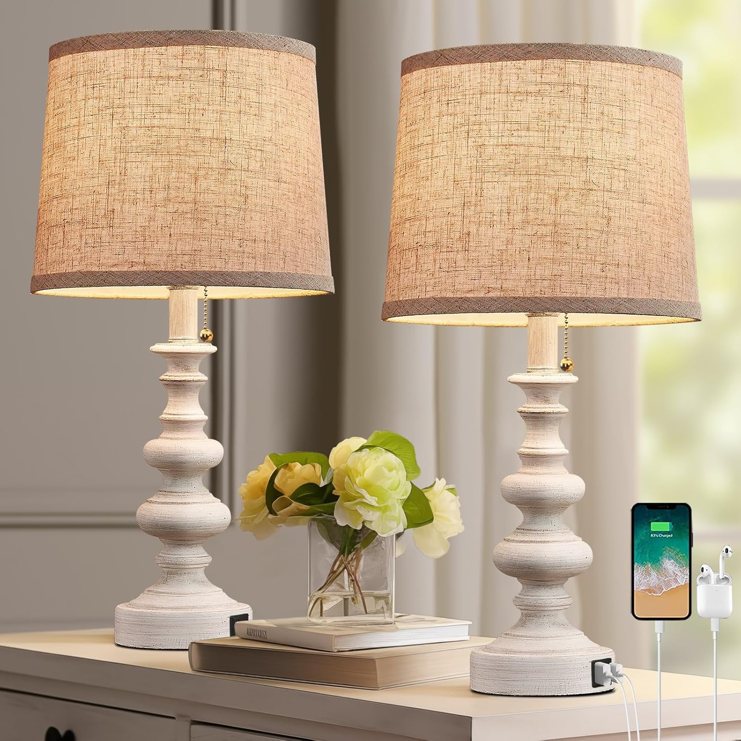 21'' Farmhouse Table Lamps for Bedroom Set of 2 Rustic Bedside Lamps ...