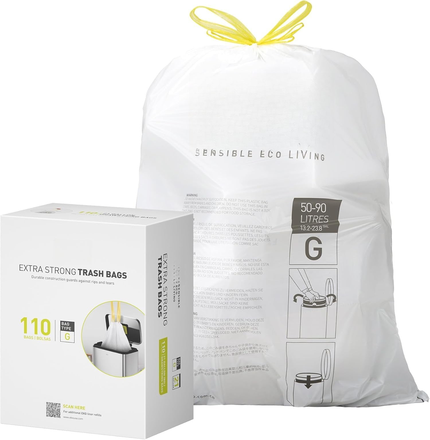 21 Gallon / 50-90 Liter,110 CountDrawstring Trash Bags, Extra ...