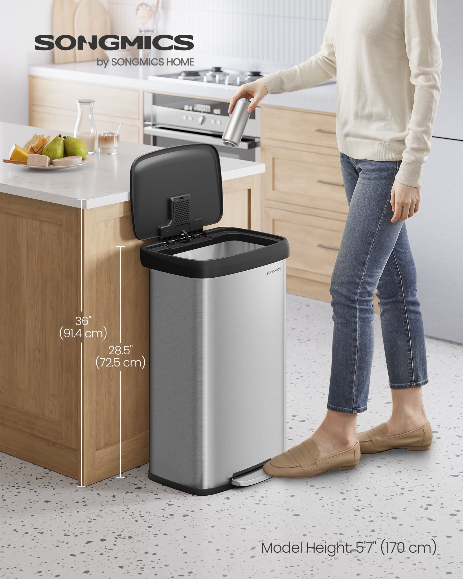 21-Gallon Stainless Steel Trash Can - Large Kitchen Garbage Bin with ...