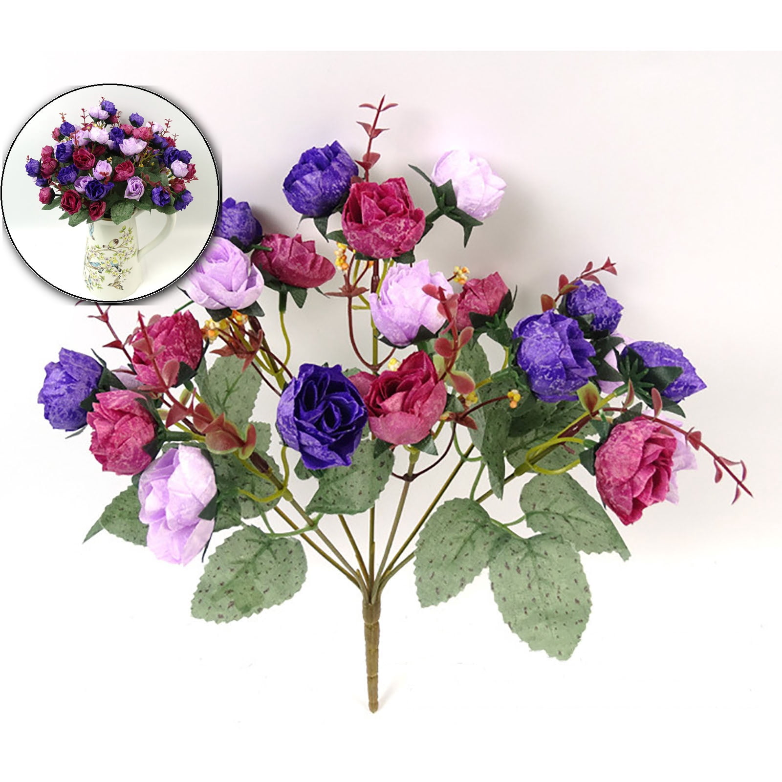 21 Heads Artificial Silk Mini Rose with Stem, Fake Flowers Leaf Rose ...