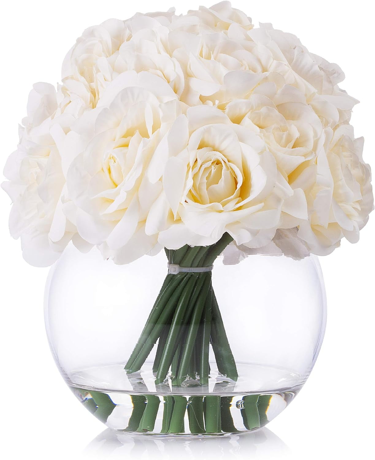 21 Heads Silk Open Rose Flower Arrangement in Round Glass Vase with ...