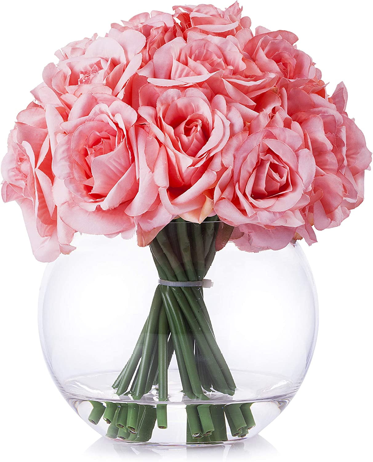 21 Heads Silk Open Rose Flower Arrangement in Round Glass Vase with ...
