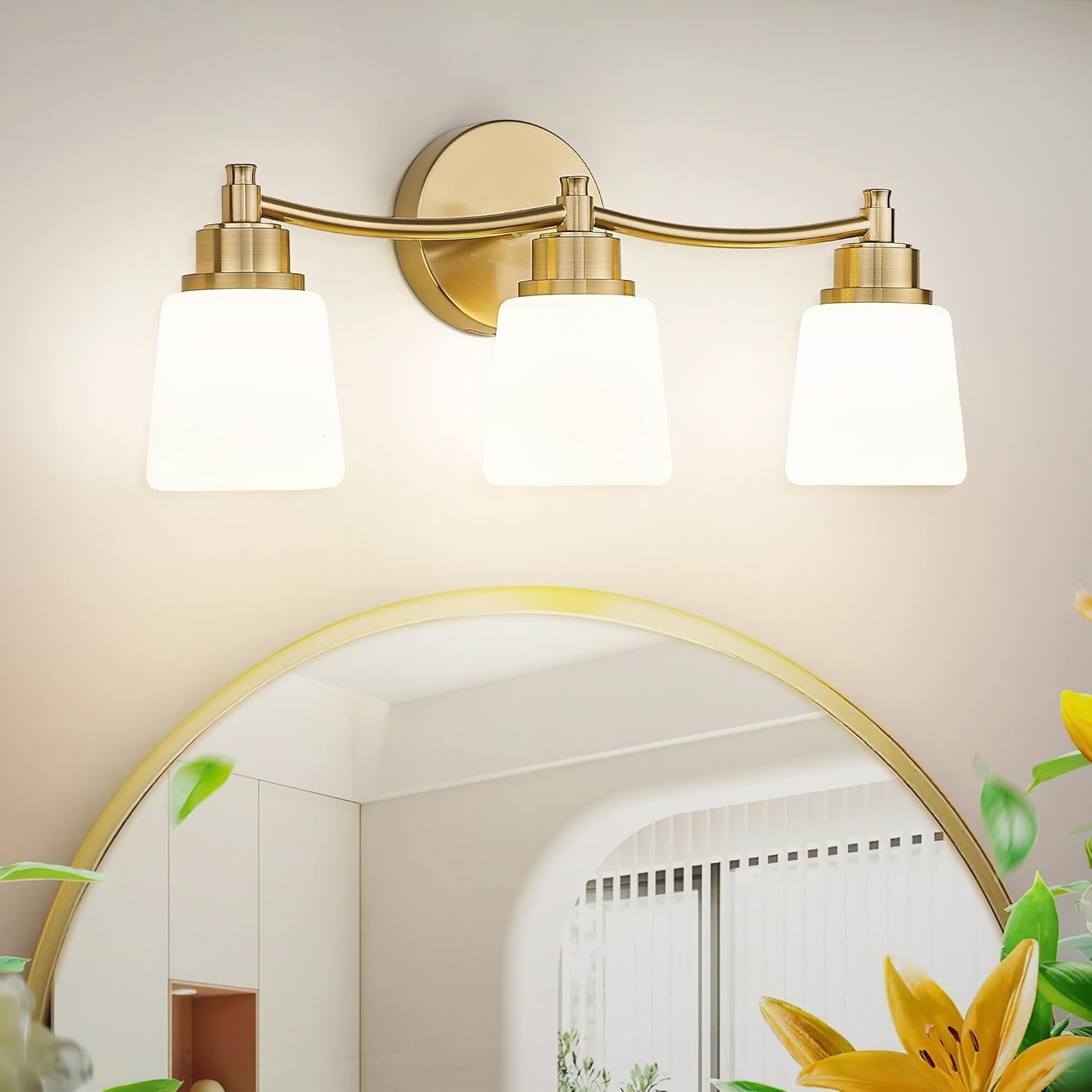 21 Inch Brushed Gold Vanity Light, Modern LED Bathroom Light Fixtures with Milk Glass Shade, 3 ...