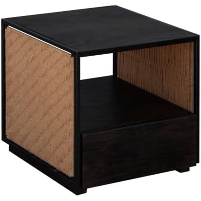 21 Inch Handcrafted Acacia Wood Side Table Nightstand, Woven Jute Side ...