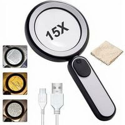 21 LED 15X Rechargeable Handheld Reading Magnifier with 3 Light Modes ...