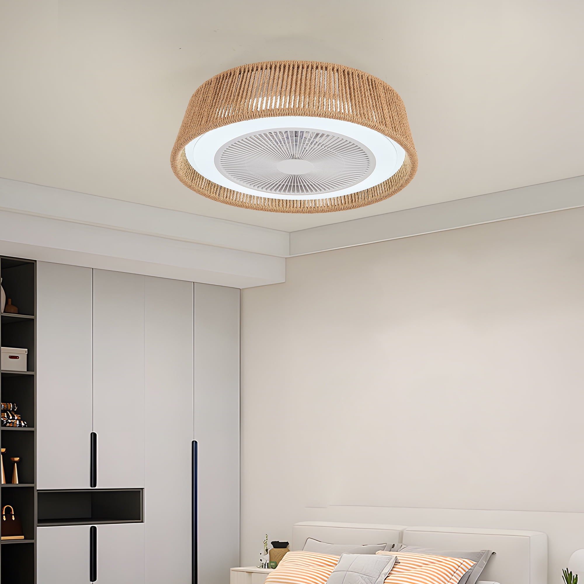 21" Modern Rustic Ceiling Fan Light with LED RGB Mood Lighting, Rope ...