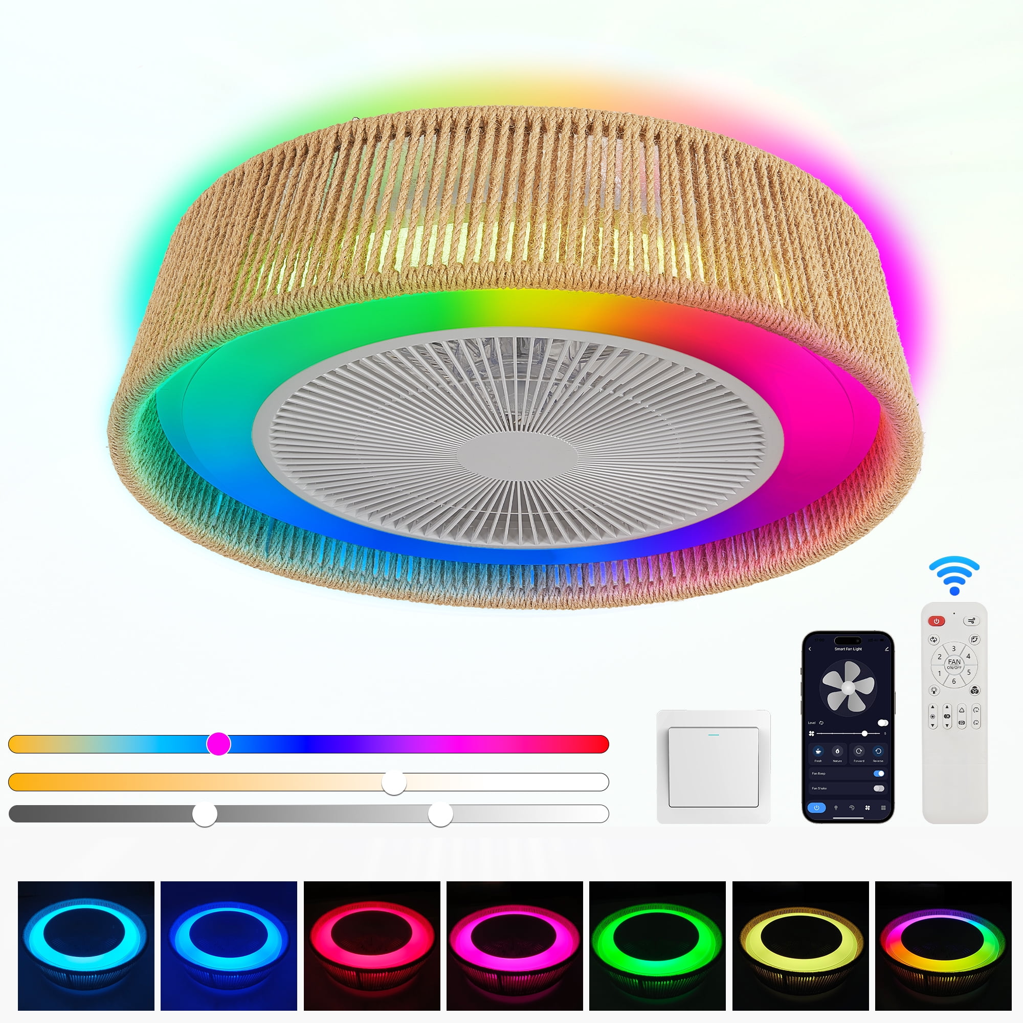 21" Modern Rustic Ceiling Fan – Rope-Woven LED RGB Light – Silent 6 ...