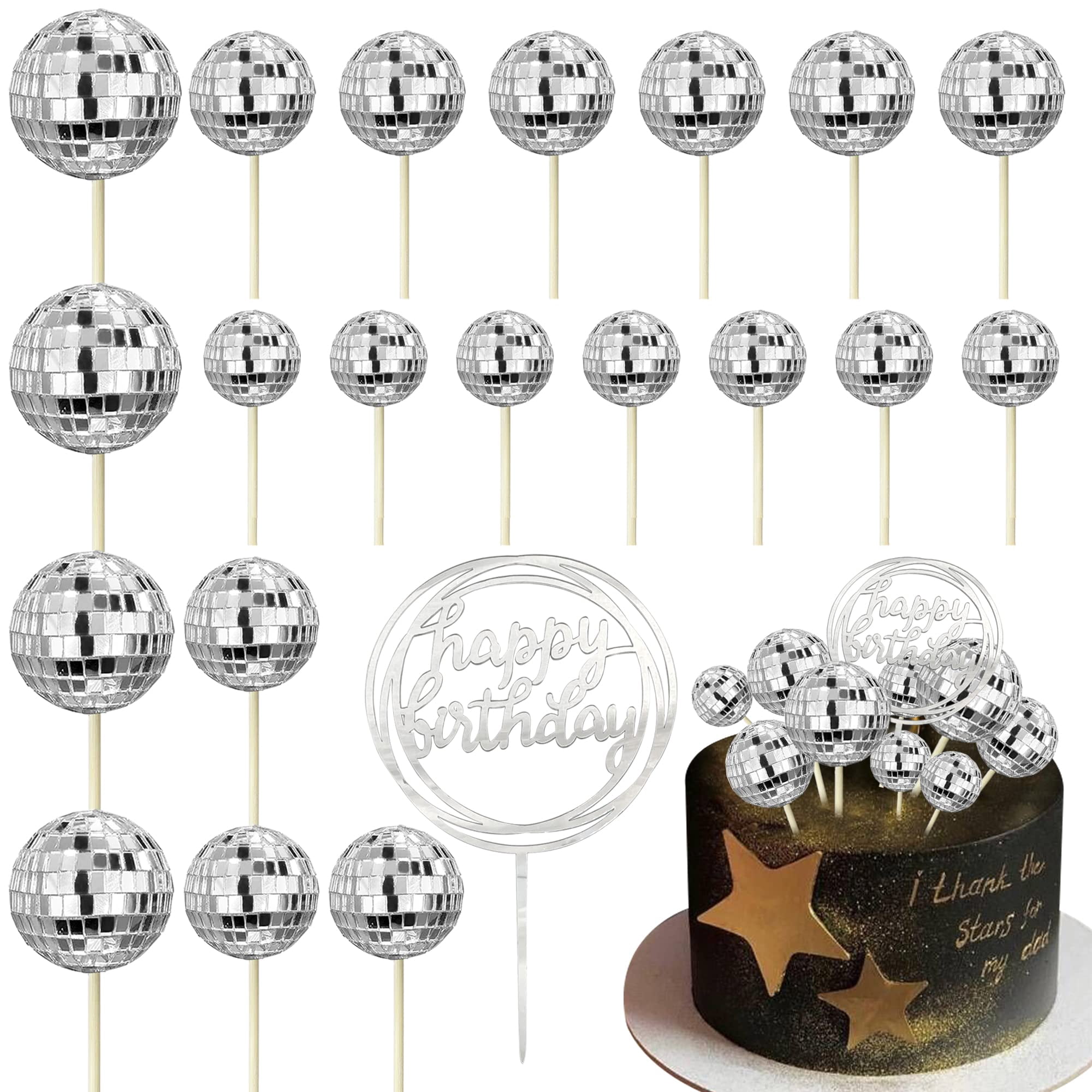 21 PCS Disco Ball Cupcake toppers COC1Happy Birthday Cake Topper 1970s ...