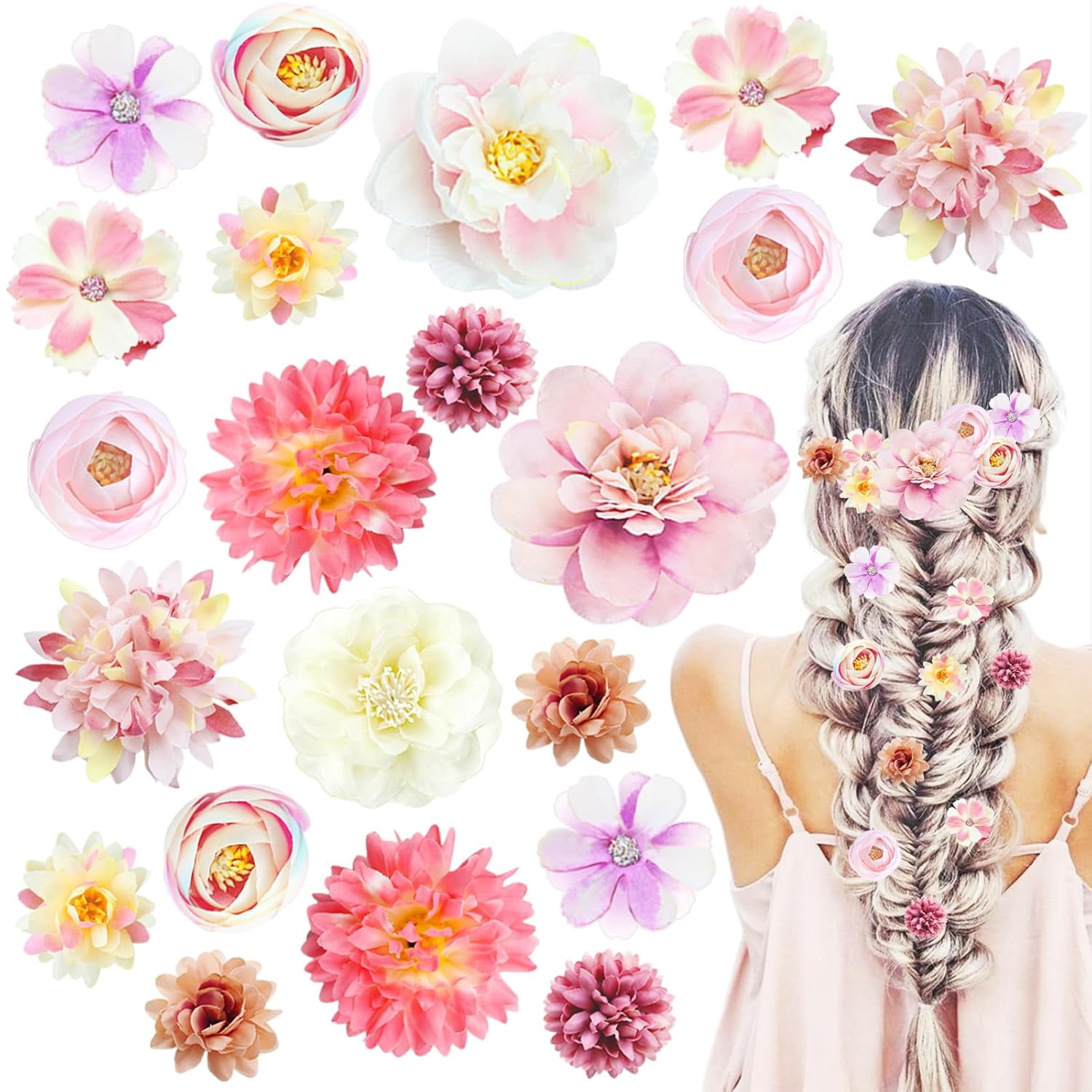 21 PCS Silk Flower Hair Clip Women Aesthetic Pink Floral Hair Barrettes ...