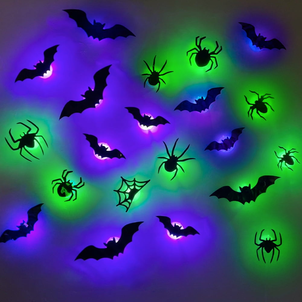 21 Pack Glow in The Dark Spiders Bats Halloween Decor - LED Spider Bats ...