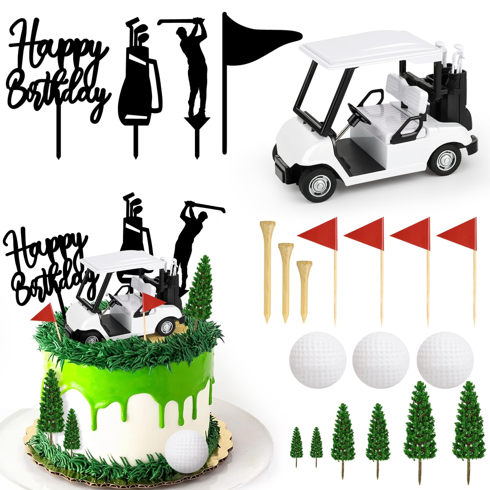 21 Pack Golf AJH3 Cake Decorations Set with Golf Cart Toy Flag Golf ...