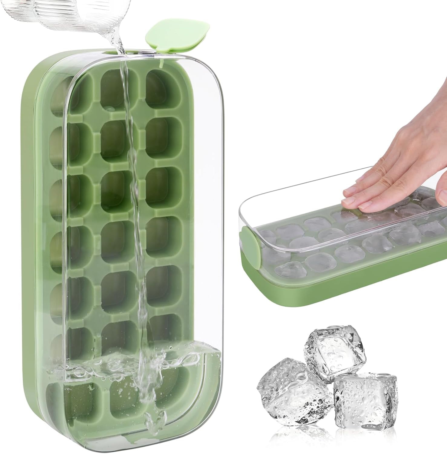 21-Pc Ice Cube Tray Set with Lid & Bin - One-Touch Silicone Mold, No ...