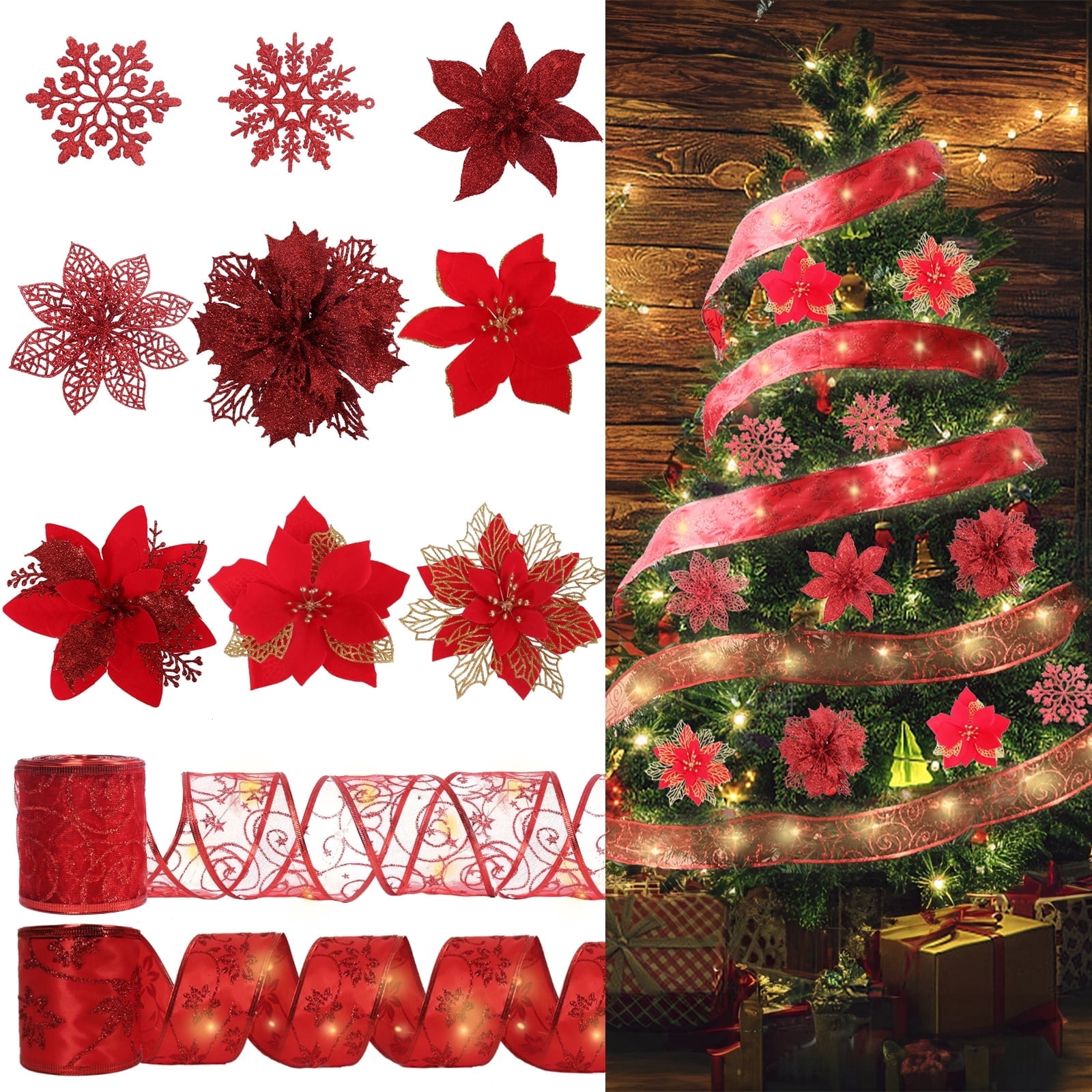 72 Pcs 9 Styles Christmas Red Glitter Metallic Mesh Artificial ...