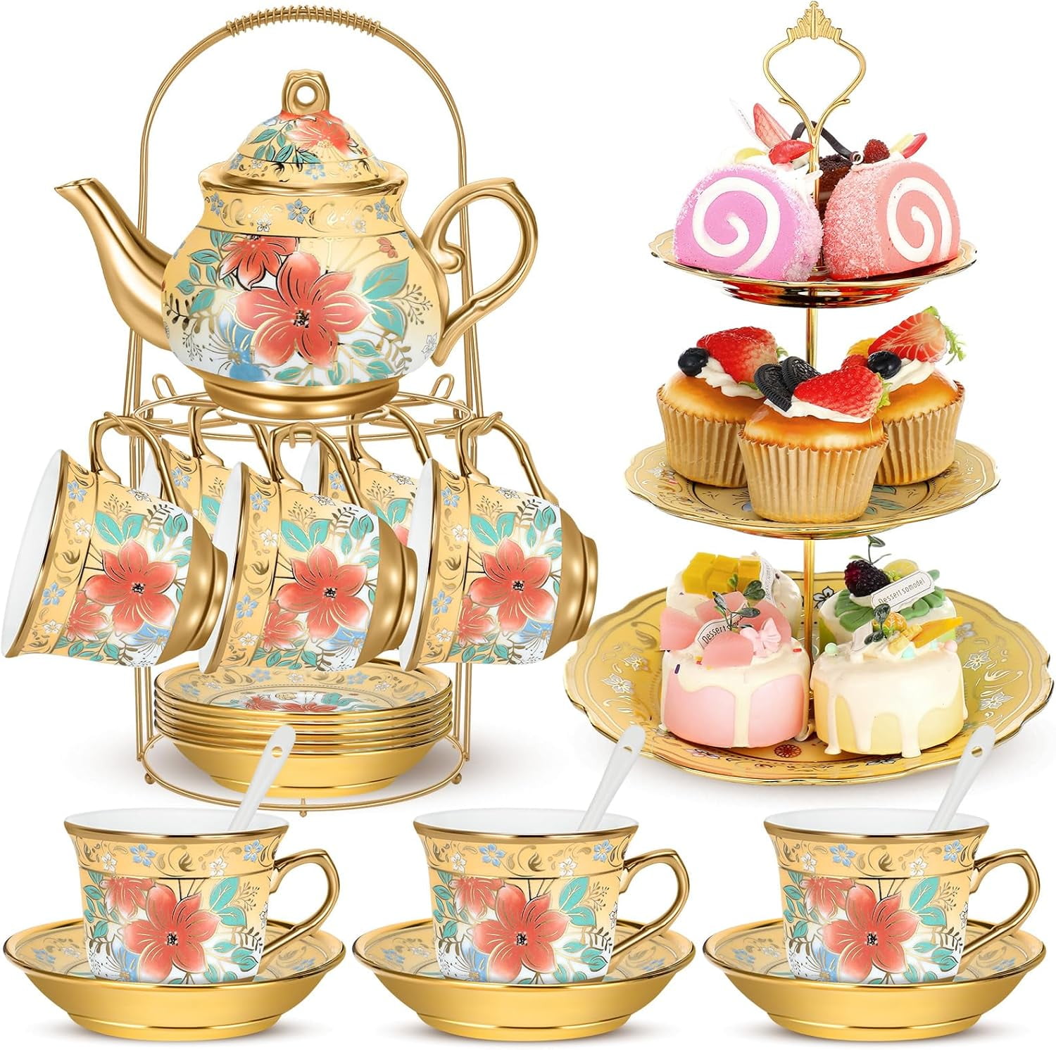 21 Pcs Porcelain Teapot Set with Metal Holder and Cupcake Stand ...