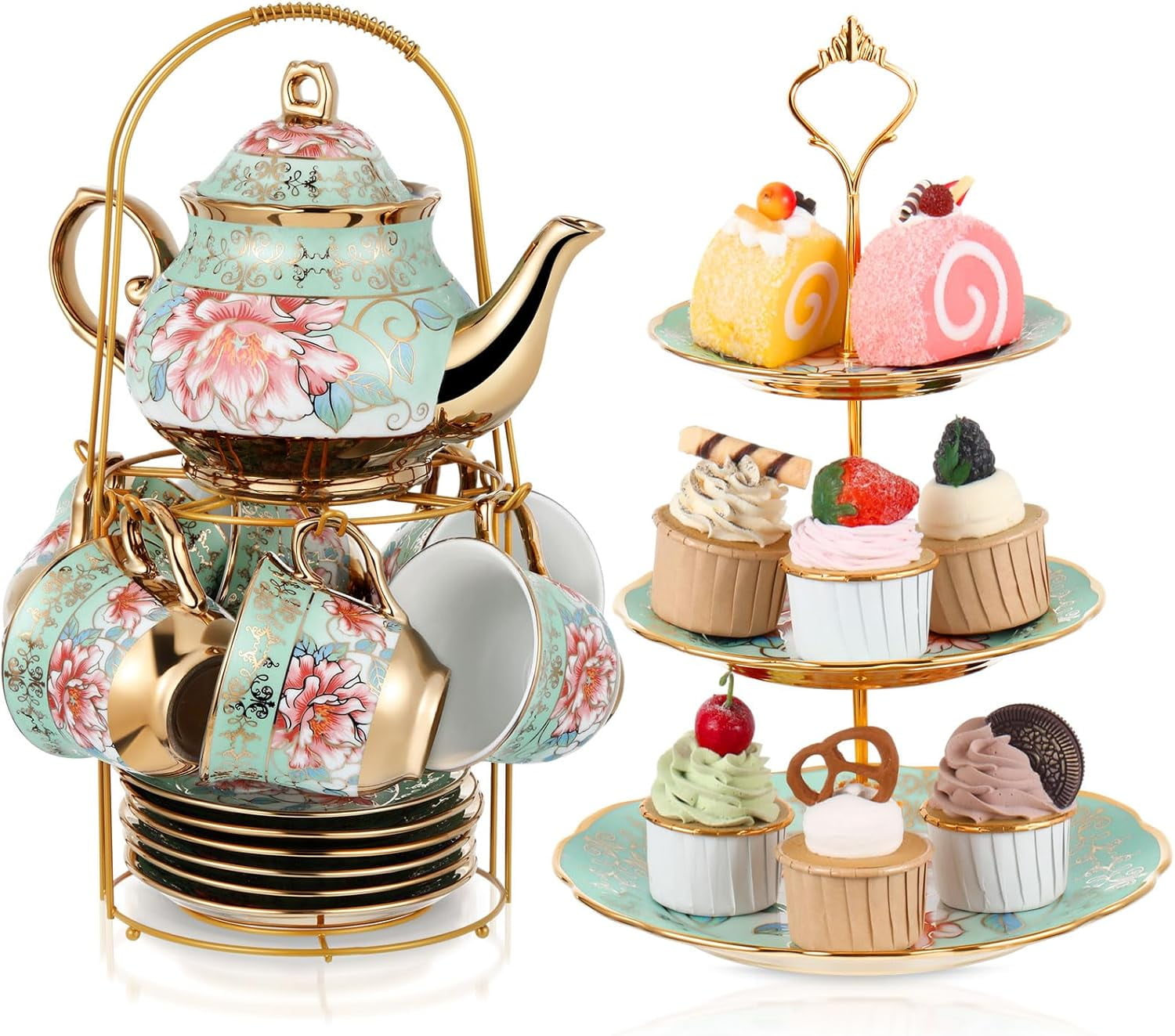 21 Pcs Tea Party Set for Adults European Floral Tea Set with Metal ...