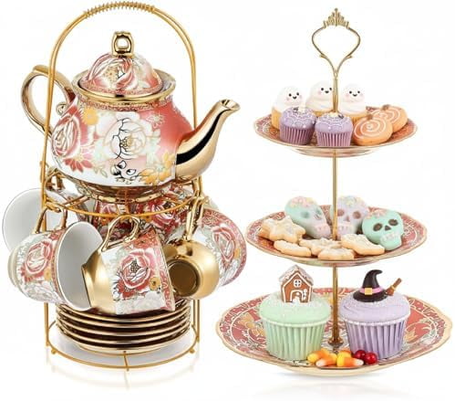 21 Pcs Tea Party Set for Adults European Floral Tea Set with Metal ...