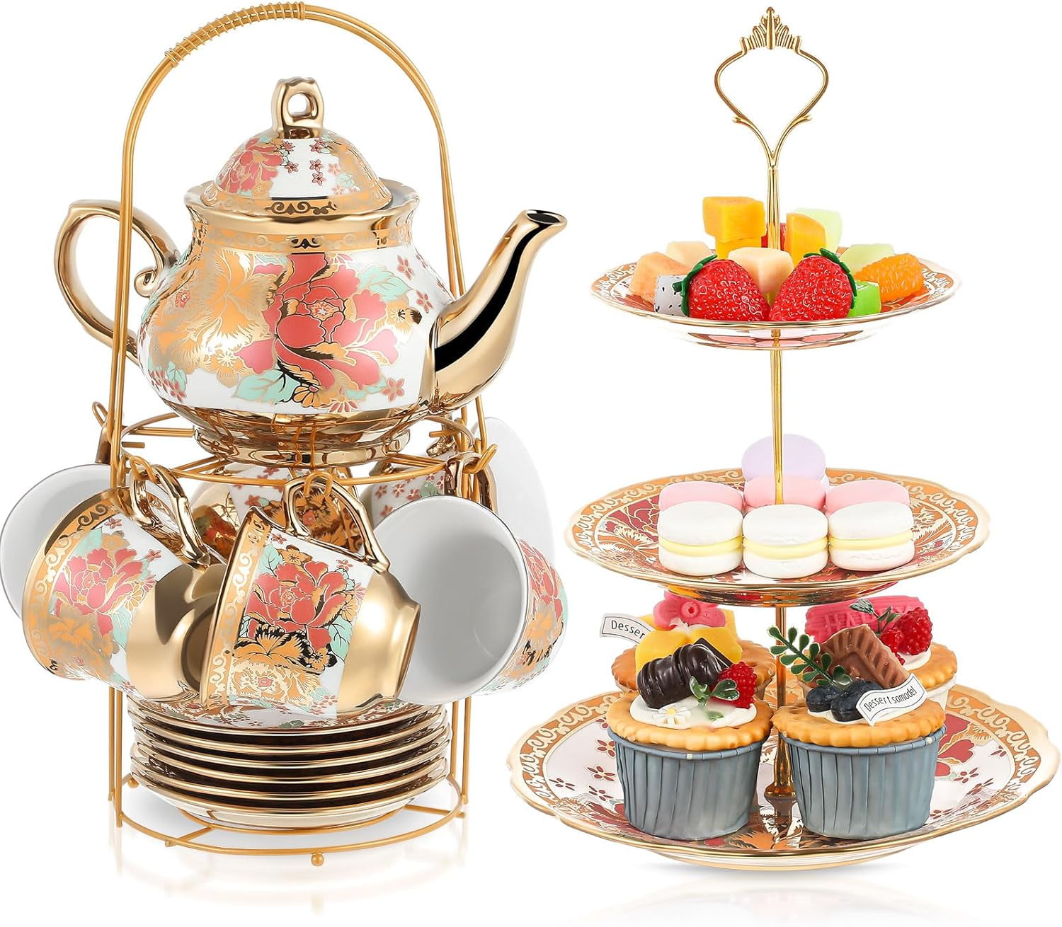 21 Pcs Tea Party Set for Adults European Floral Tea Set with Metal ...