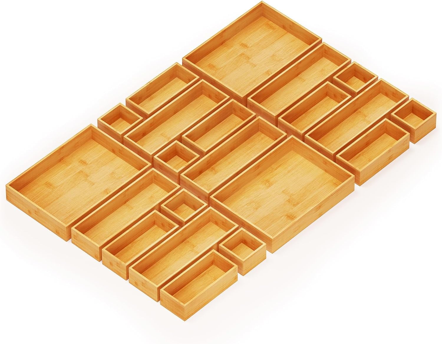 21-Piece Bamboo Drawer Organizer Storage Boxes Set, Wood Tray Junk ...