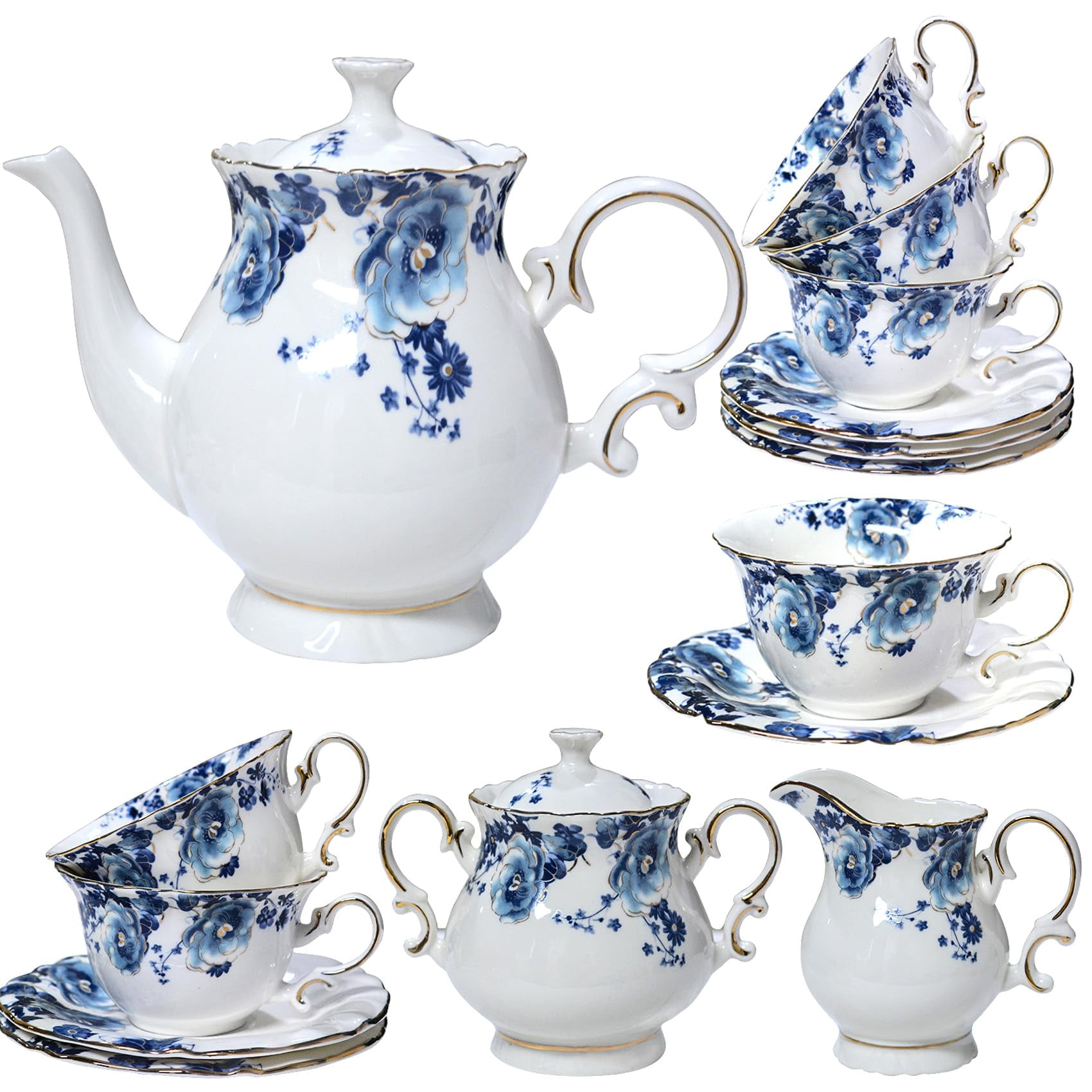 21-Piece Bone China Tea Set for Adults, Blue and White Porcelain Tea ...